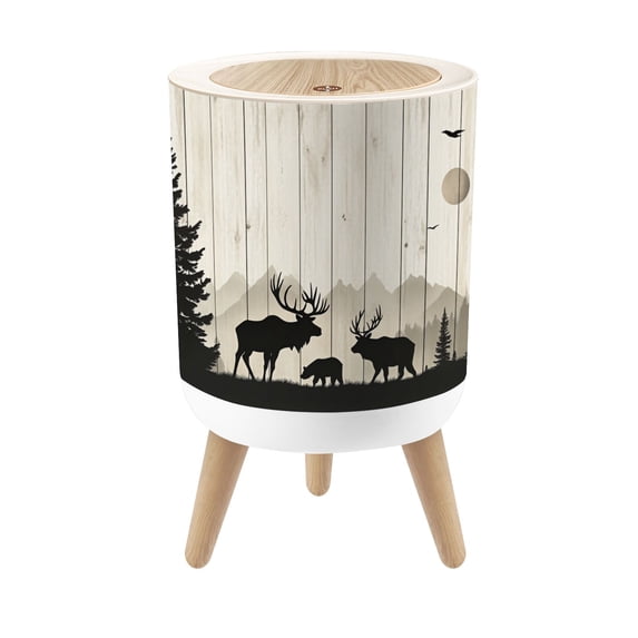 Cabin Trash Can with Lid Bear Elk Wooden Farmhousel Forest Wildlife 1.8 ...