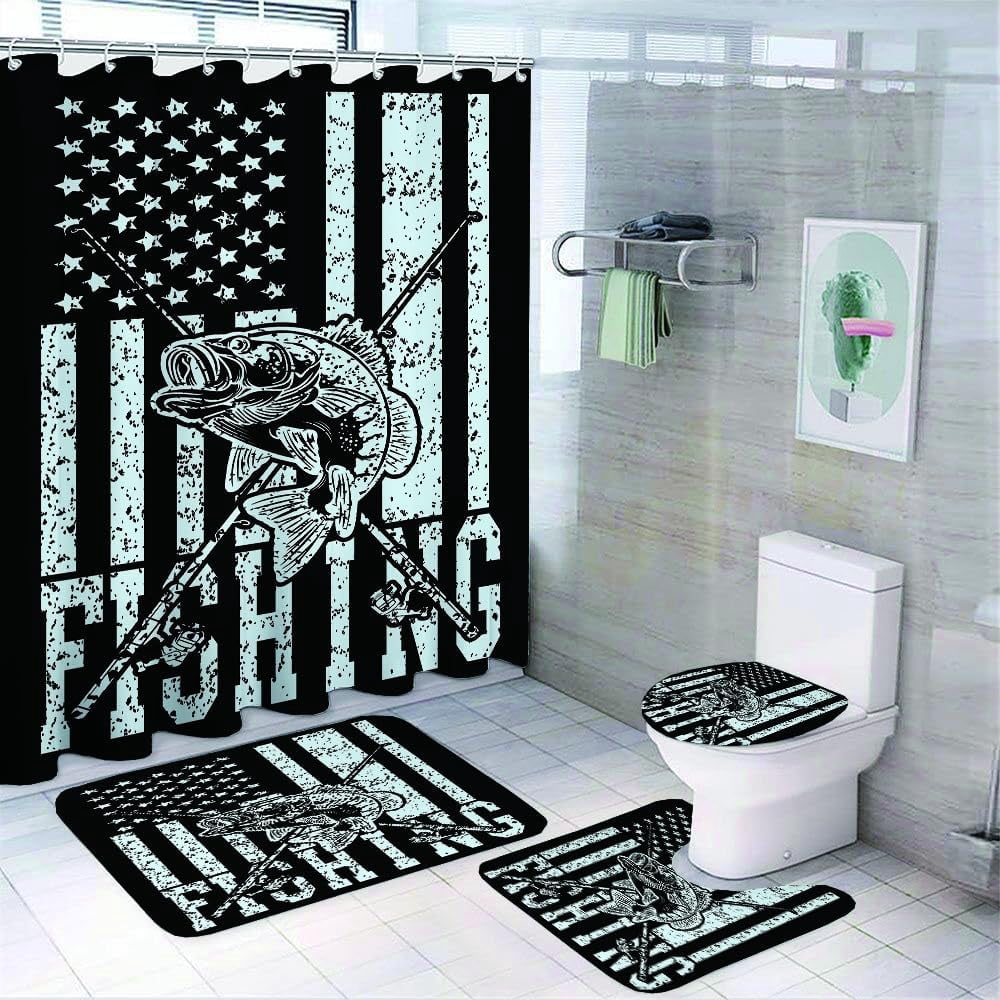 Cabin Vintage Fishing Shower Curtain Sets 4 Piece,Retro Rustic Ocean ...
