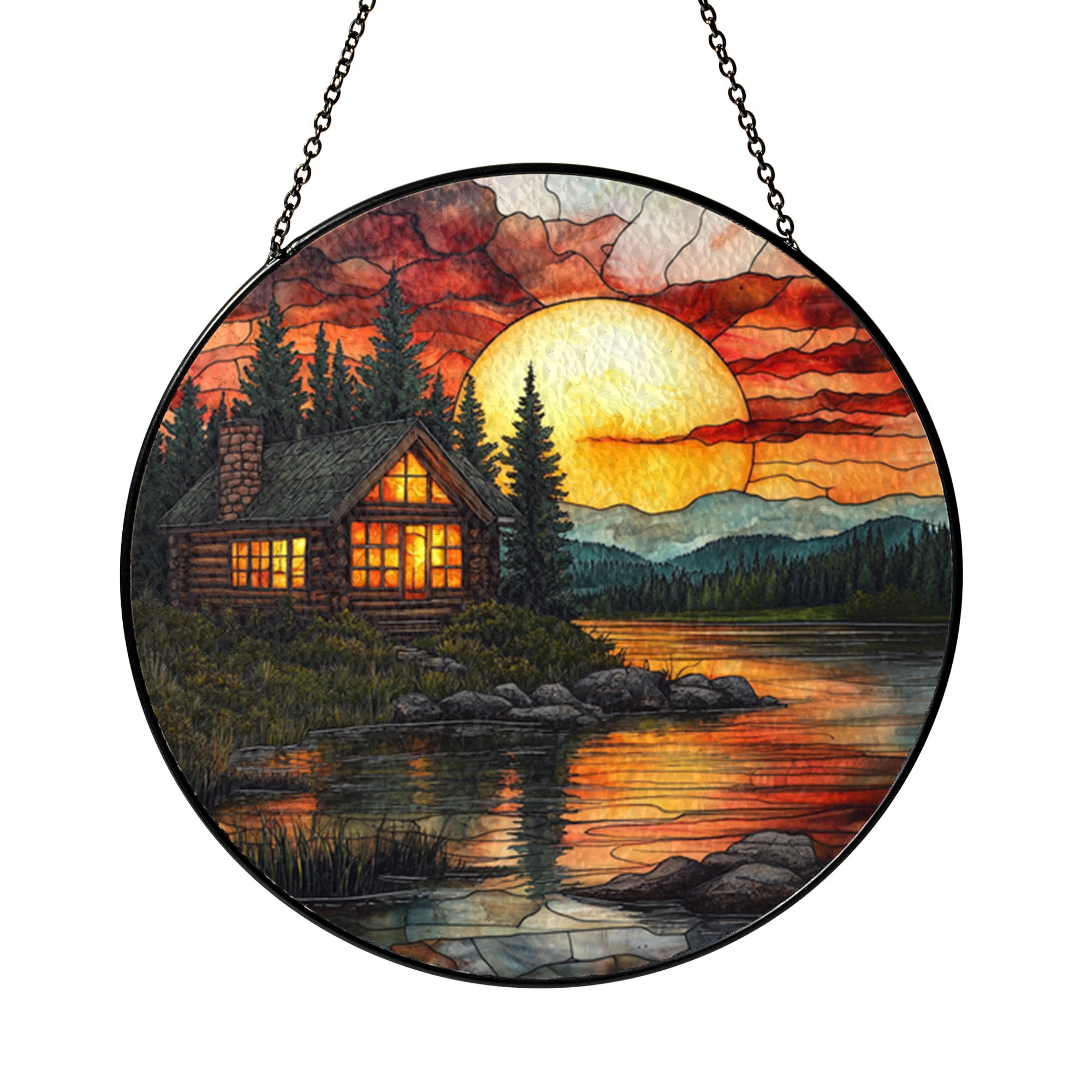 Cabin at Sunset Stained Glass Suncatcher, Lakeside Forest Window Panel ...