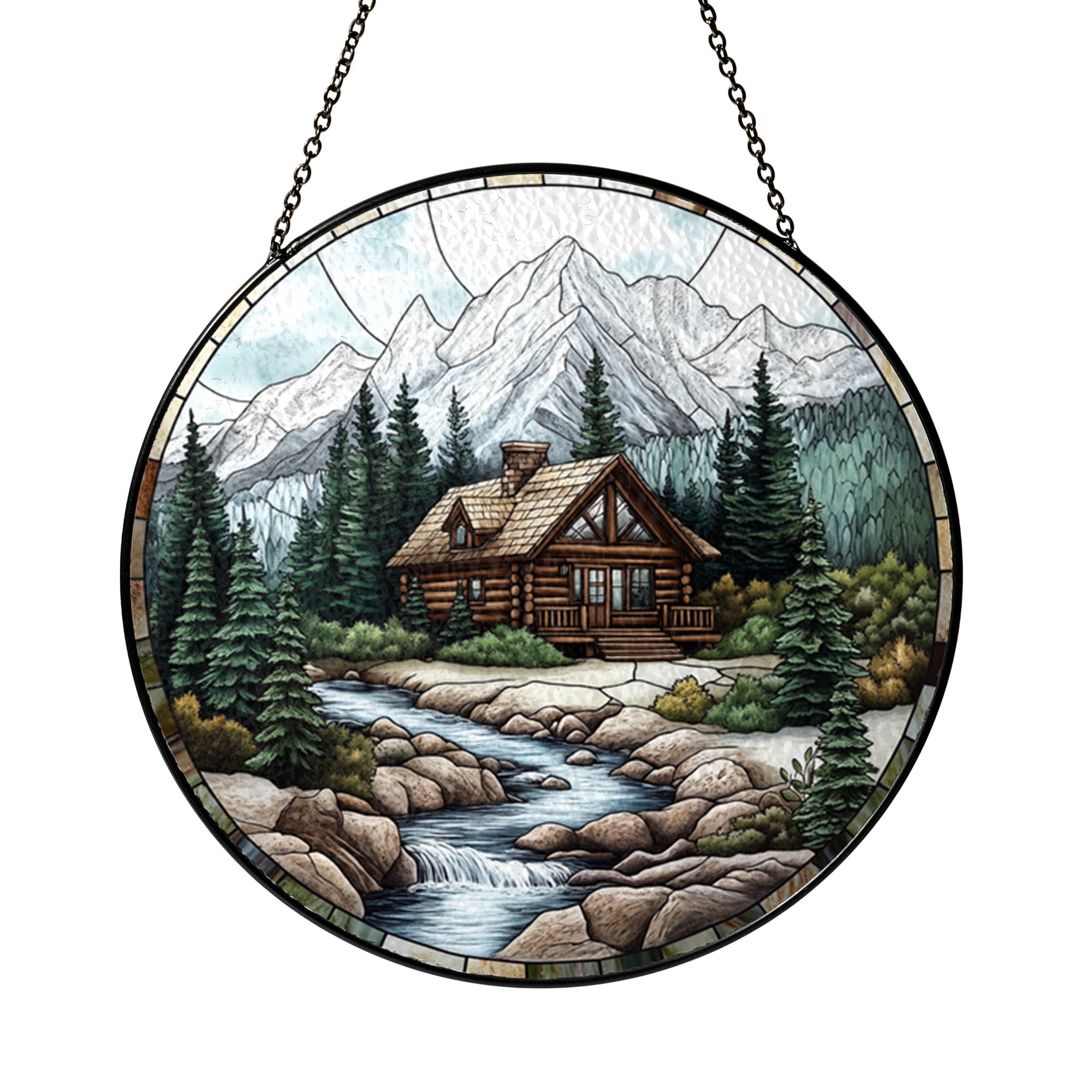 Cabin by Lake Stained Glass Style Window Suncatcher, Decorative ...