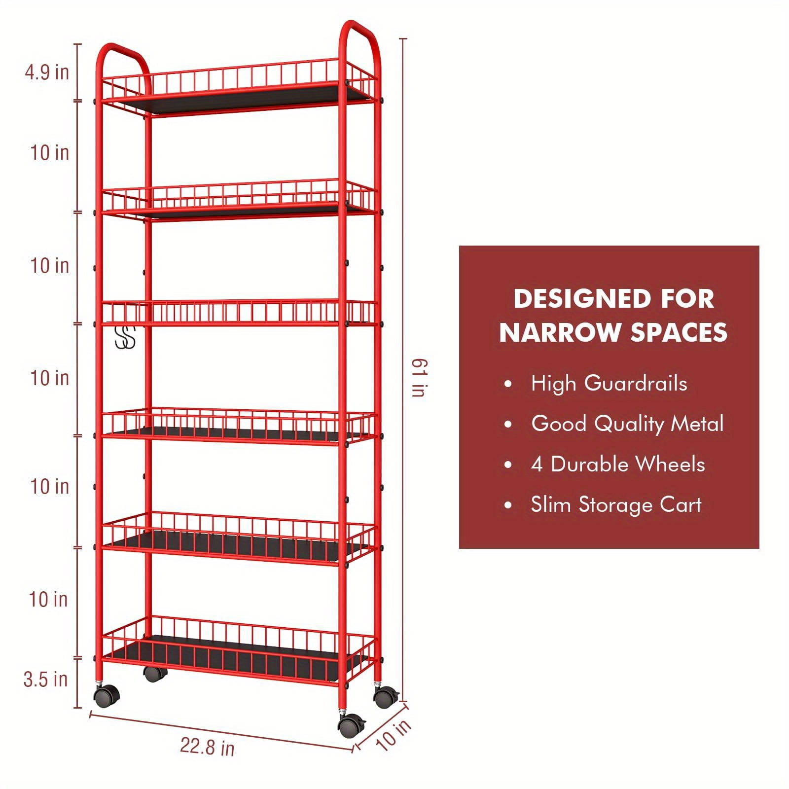 Cabincozy 6-Tier Metal Rolling Cart Gap Kitchen Slim Slide Out Storage ...