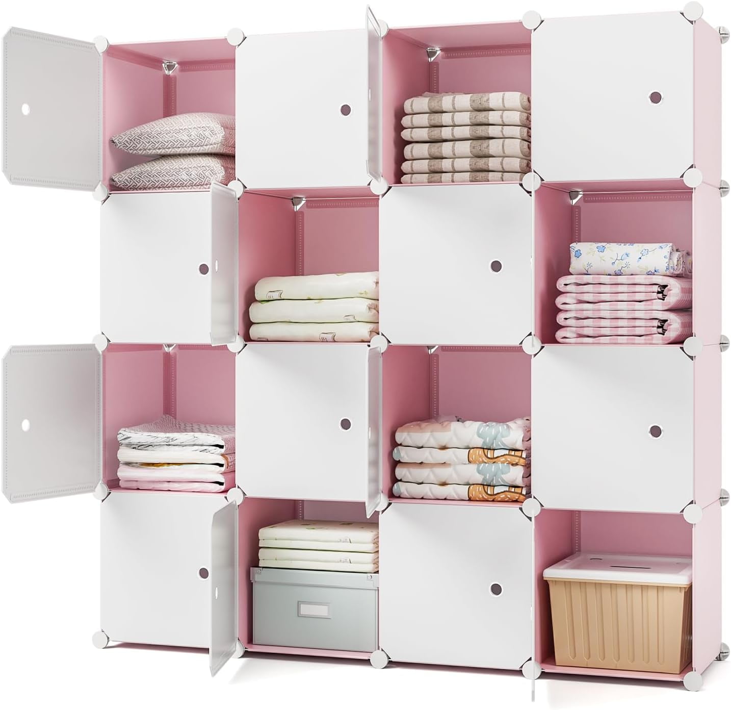 Cabinet, 16-Cube Closet Organizer with Doors, Pink, Storage System for ...