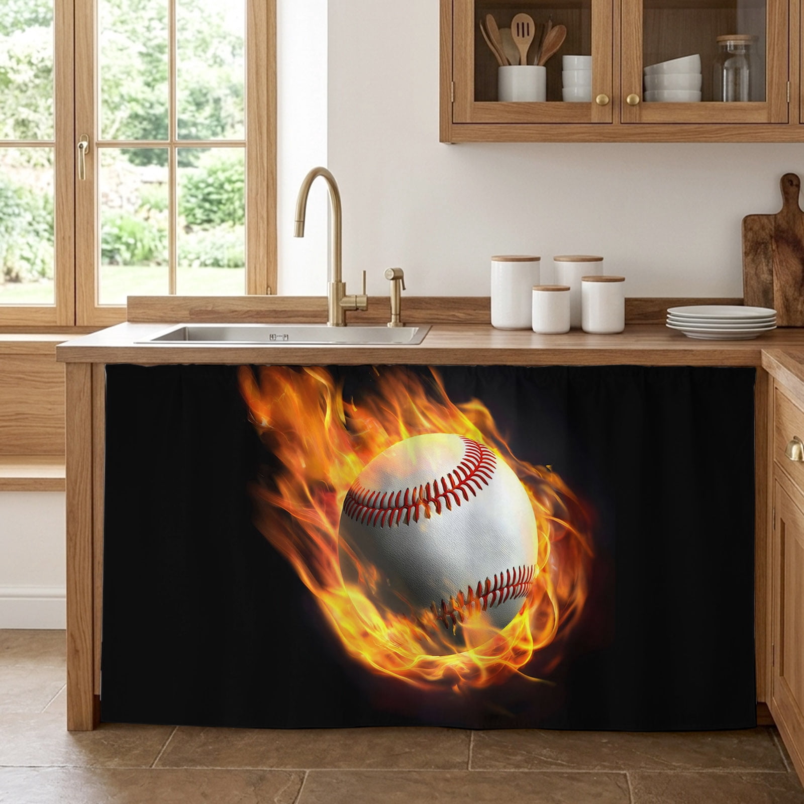 Cabinet Curtain 28''W x 51''L, Baseball Under Sink Curtain Drapes ...