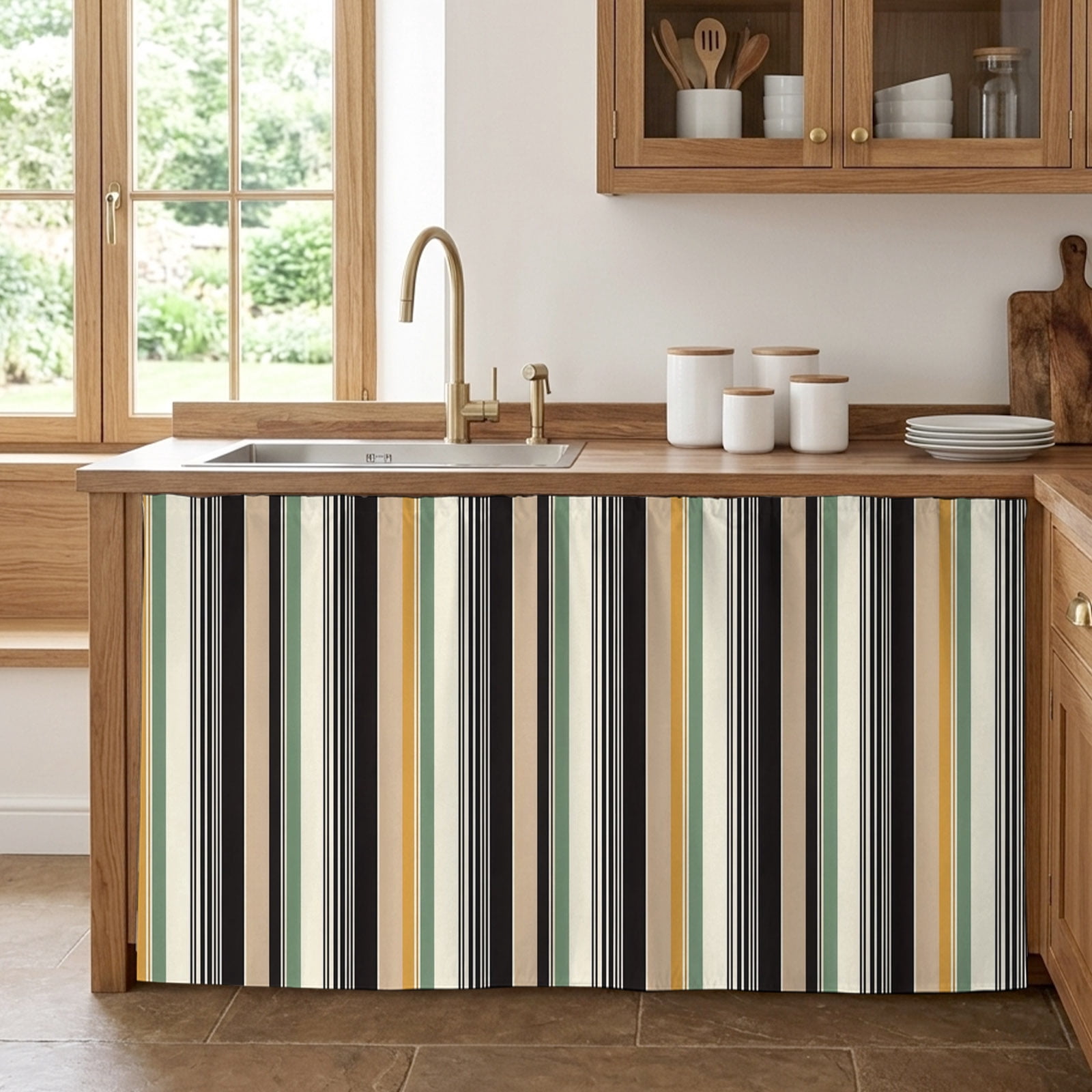 Cabinet Curtain 28''W x 51''L,Black Orange Green Striped Under Sink ...