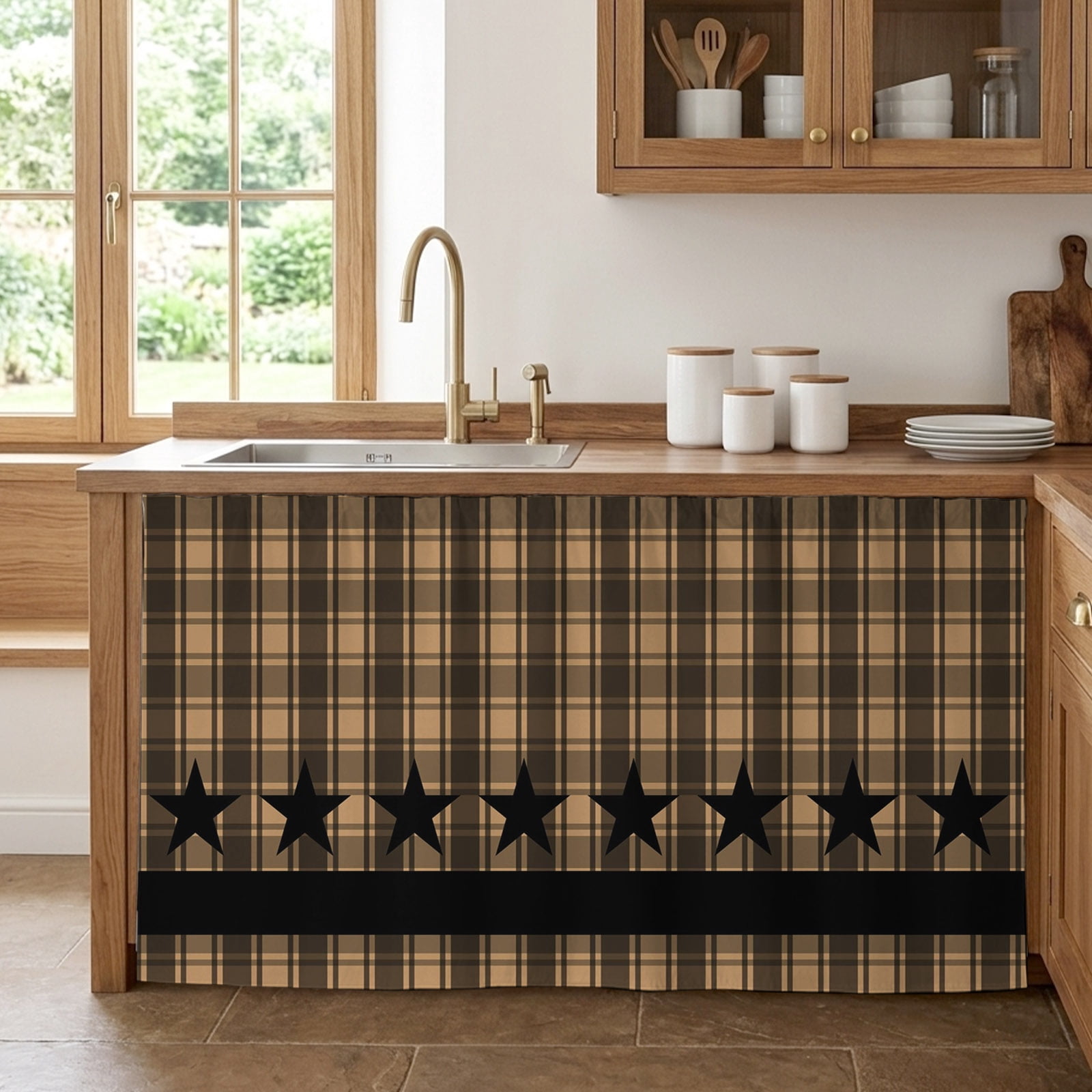 Cabinet Curtain 28''W x 51''L, Brown Black Plaid Under Sink Curtain ...