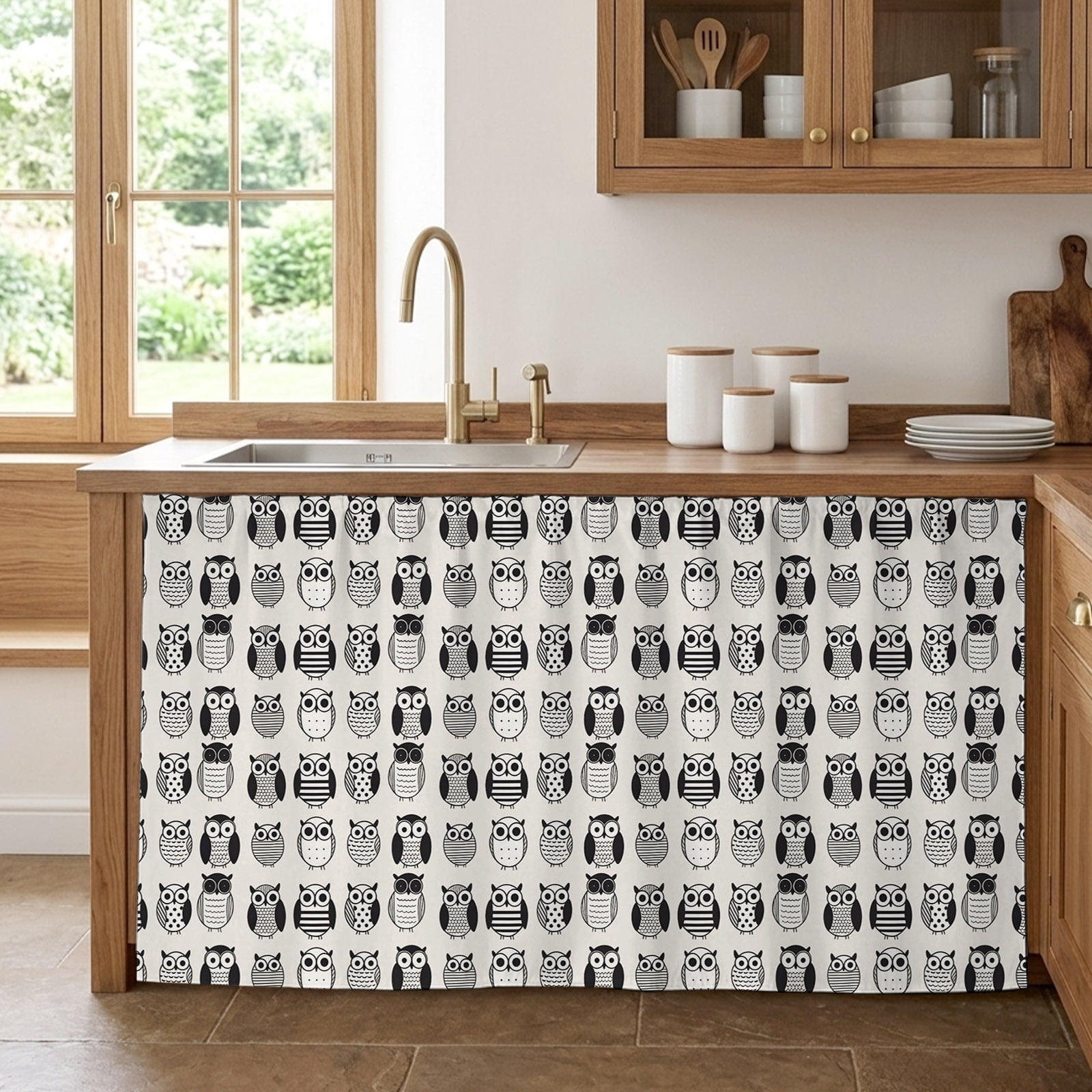 Cabinet Curtain 28''W x 51''L, Cartoon Owls Under Sink Curtain Drapes ...