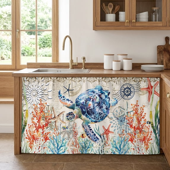 Cabinet Curtain 28''W x 51''L,Coastal Sea Turtle Under Sink Curtain ...