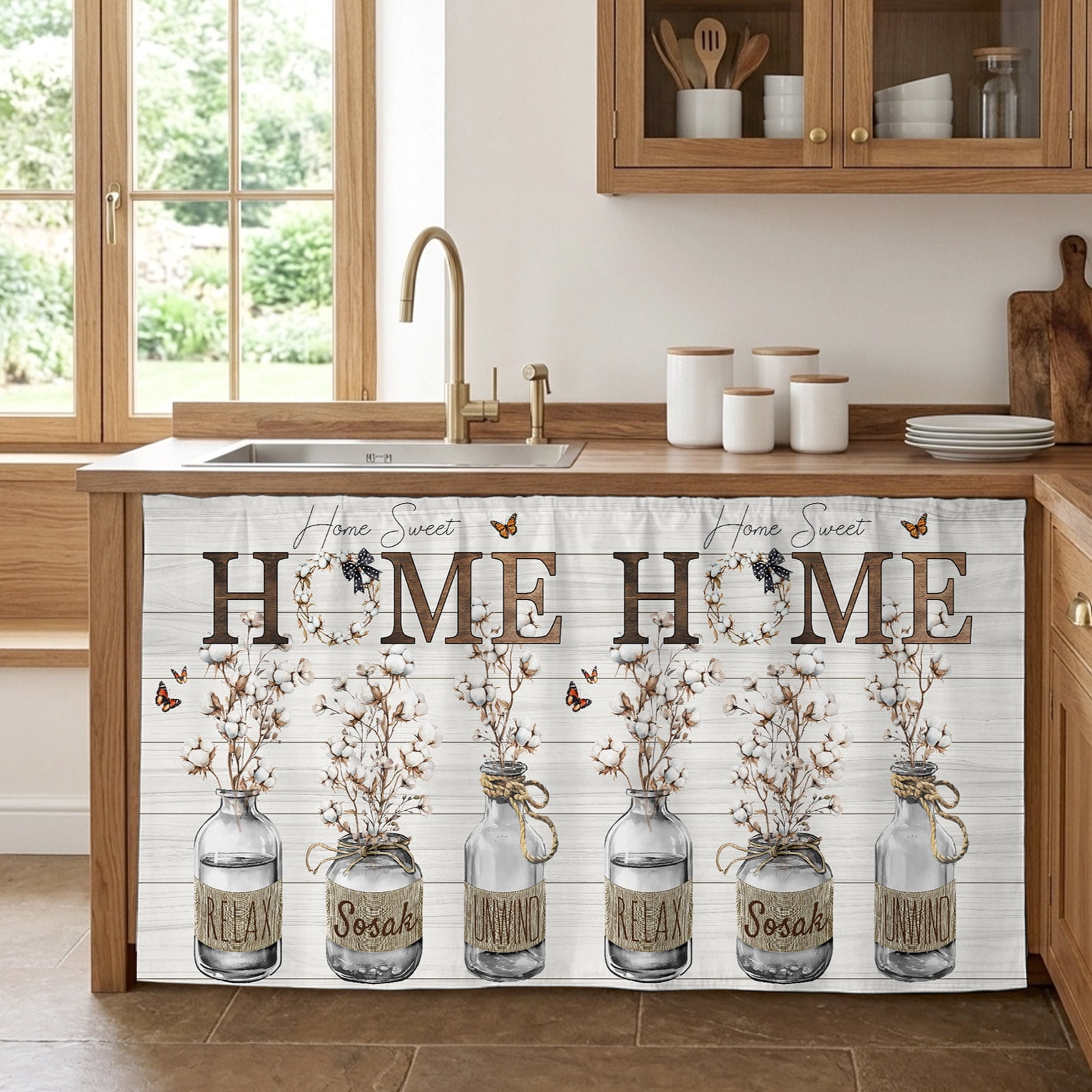 Cabinet Curtain 28''W x 51''L, Cotton Floral Under Sink Curtain Drapes ...