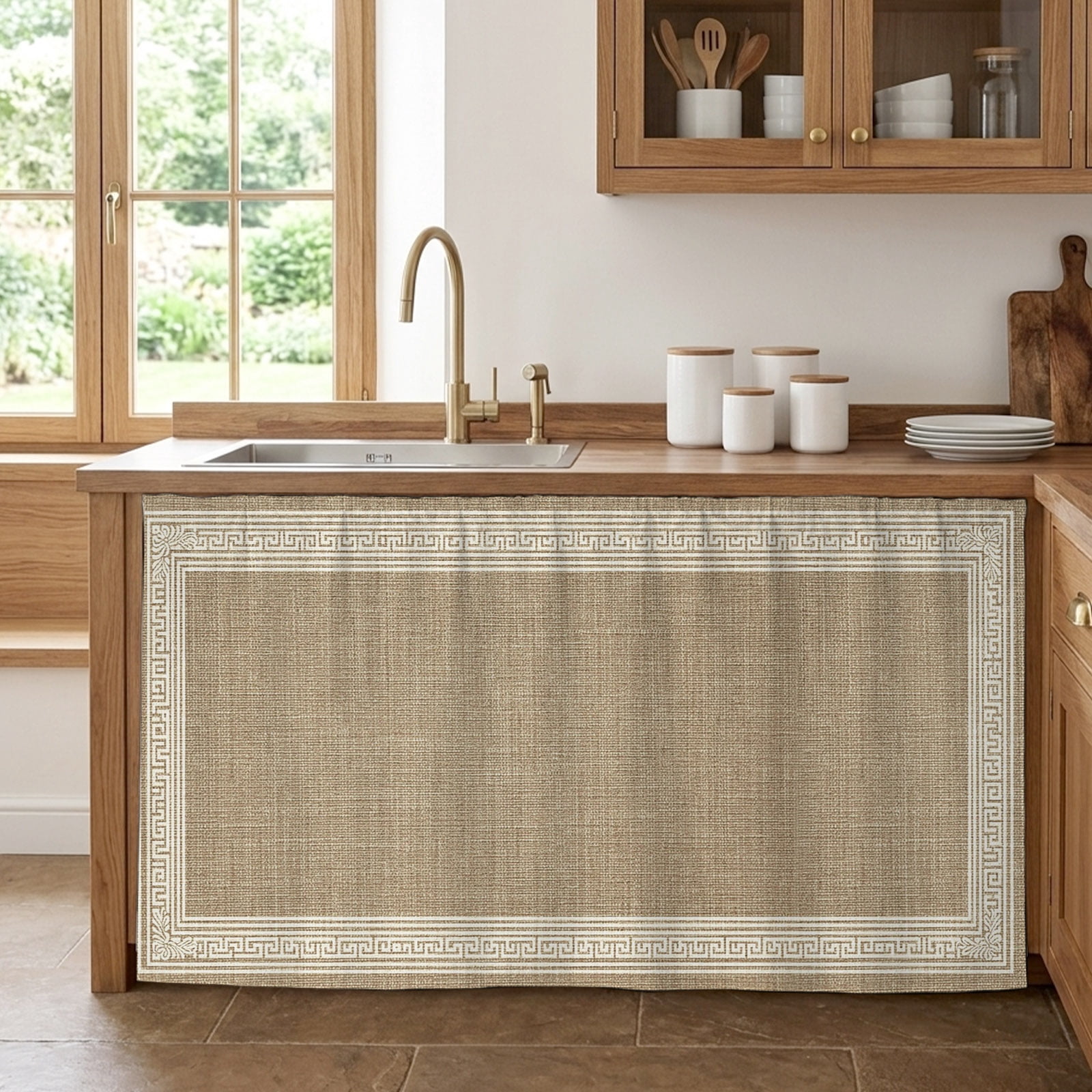 Cabinet Curtain 28''W x 51''L, Cream Greek Key Under Sink Curtain ...