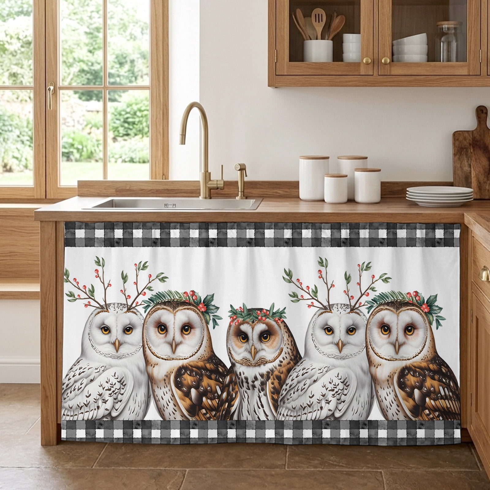 Cabinet Curtain 28''W x 51''L, Cute Owls Under Sink Curtain Drapes ...