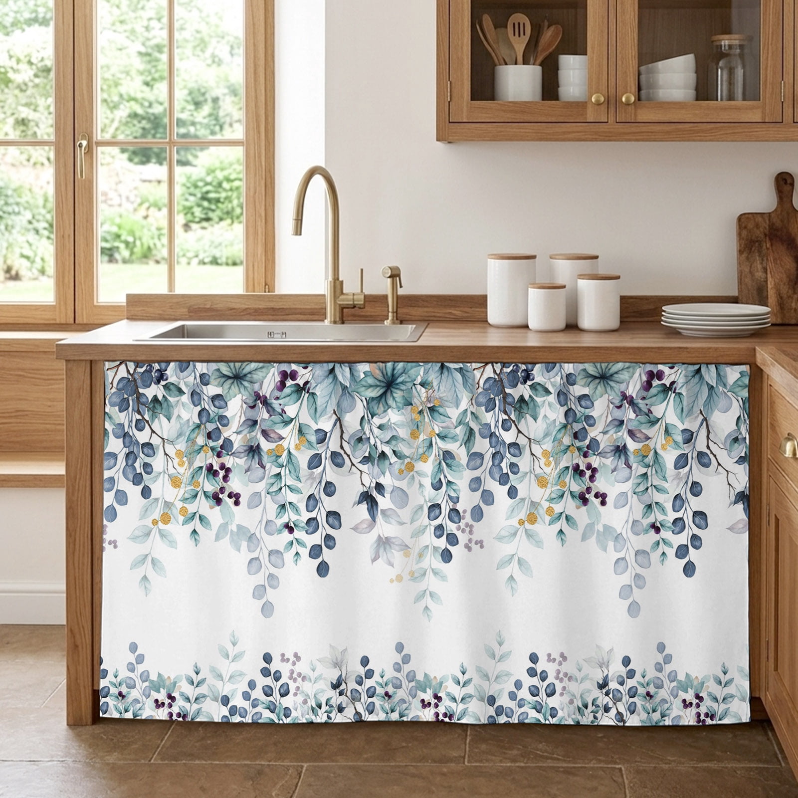 Cabinet Curtain 28''W x 51''L, Green Blue Eucalyptus Leaves Under Sink ...