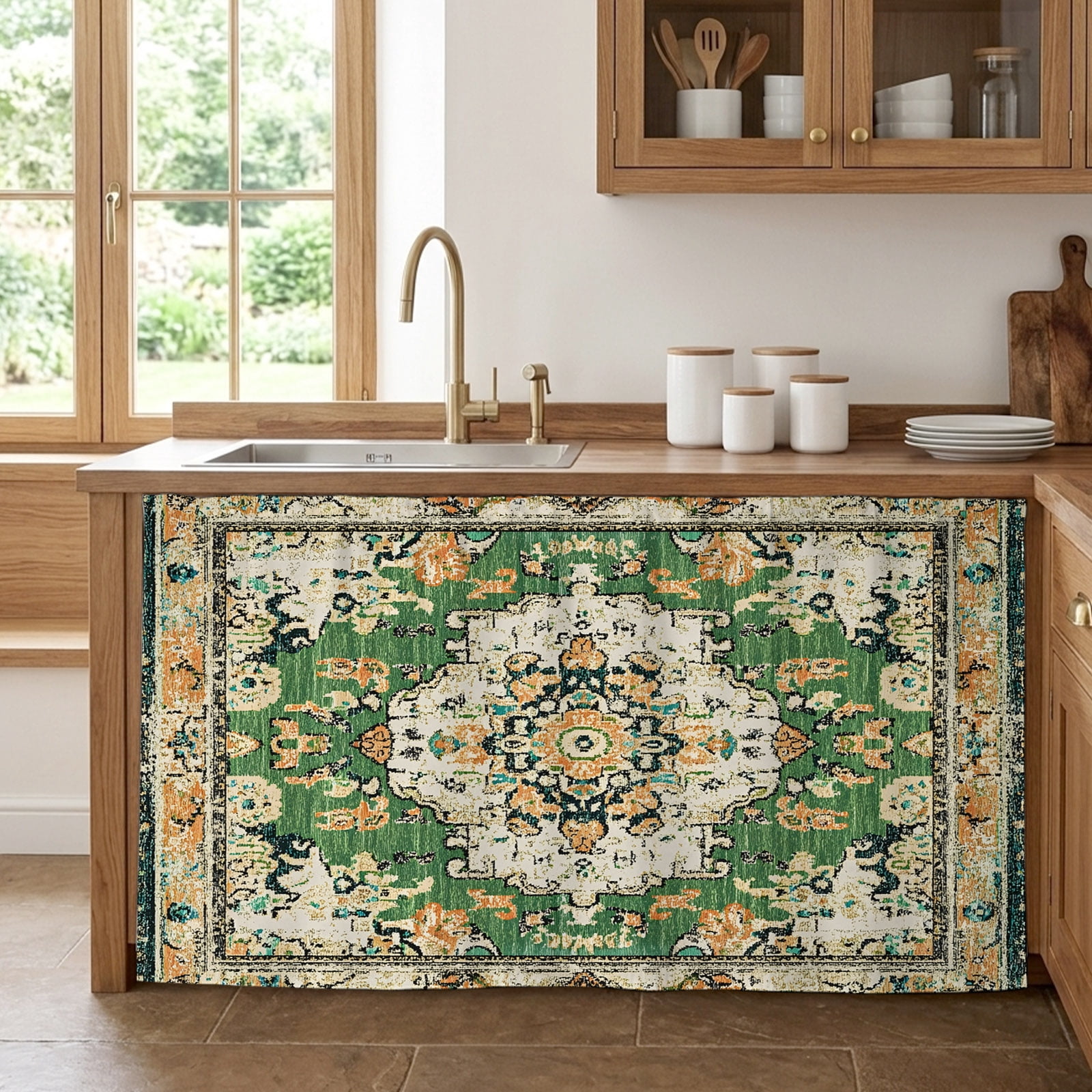 Cabinet Curtain 28''W x 51''L, Green Boho Under Sink Curtain Drapes ...