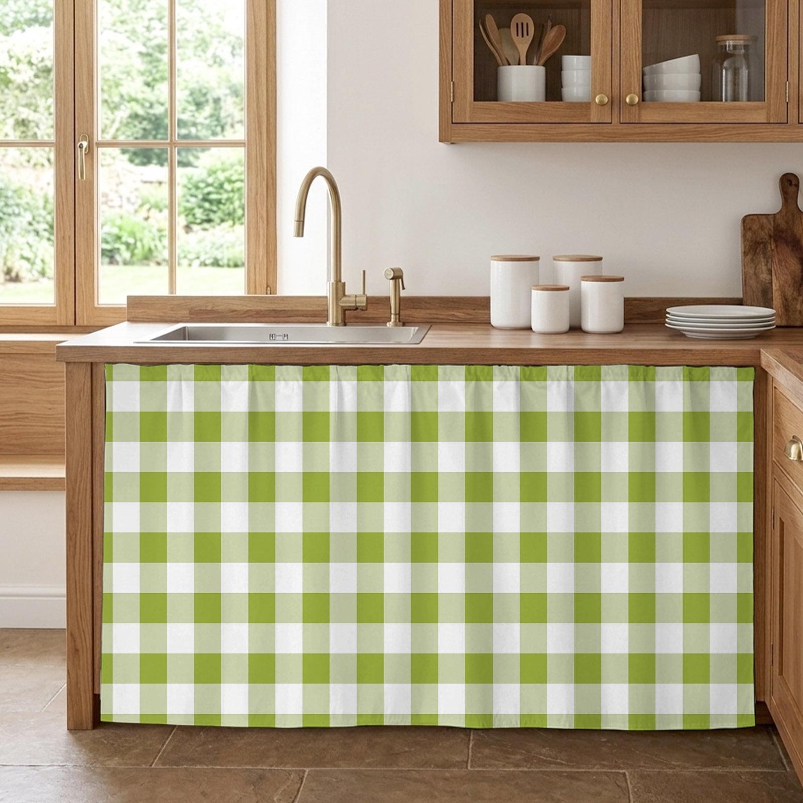 Cabinet Curtain 28''W x 51''L, Green Plaid Under Sink Curtain Drapes ...
