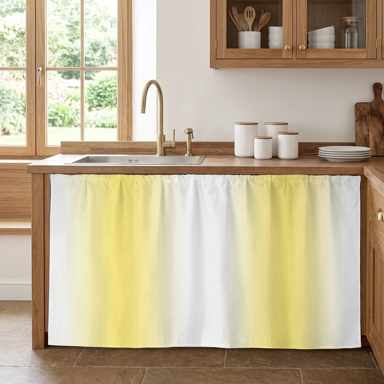 Cabinet Curtain 28''W x 51''L, Lemon Yellow White Under Sink Curtain ...