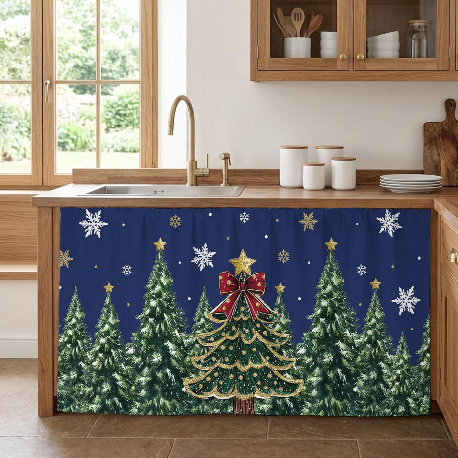 Cabinet Curtain 28''W x 51''L, Navy Blue Christmas Under Sink Curtain ...