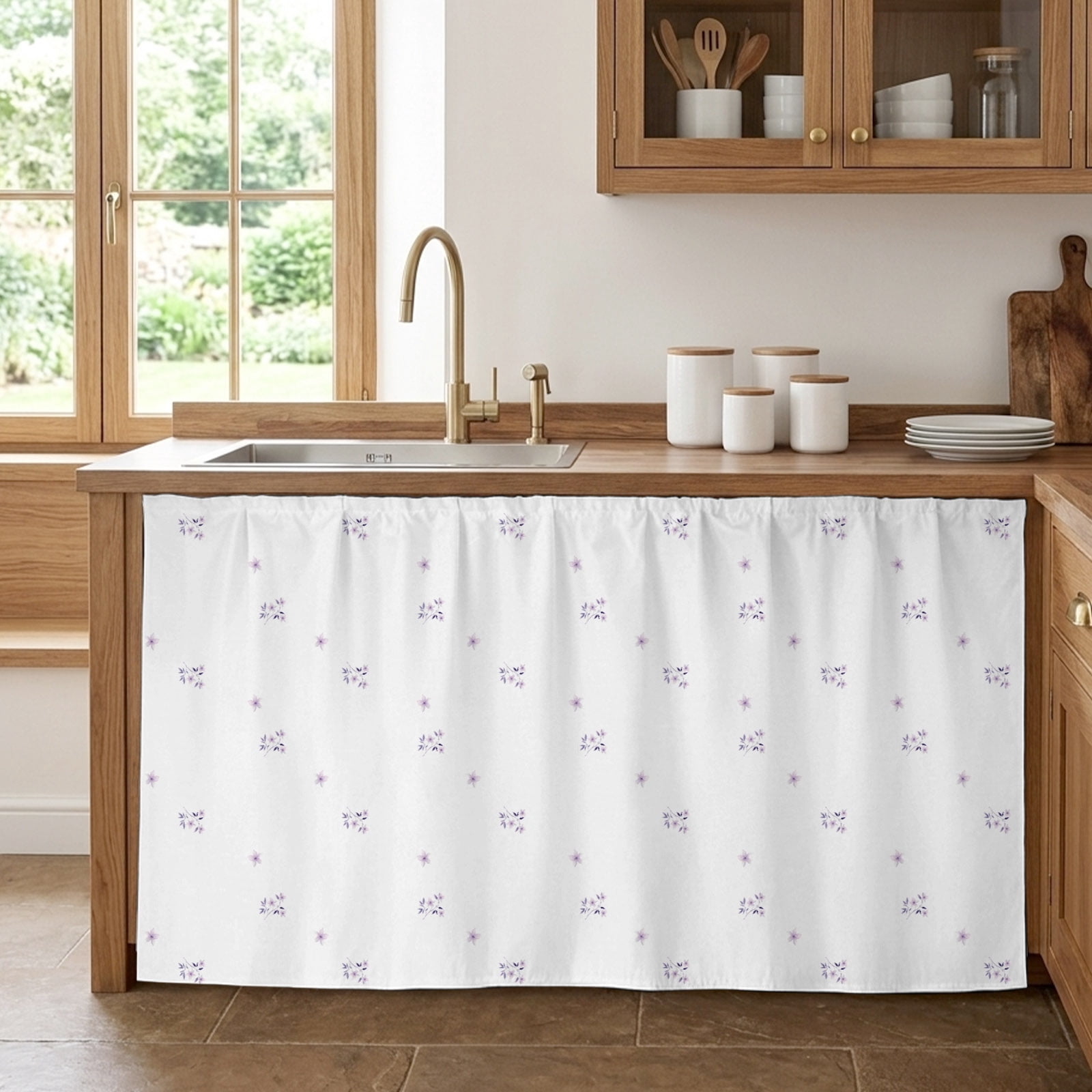 Cabinet Curtain 28''W x 51''L, Purple Flowers Under Sink Curtain Drapes ...