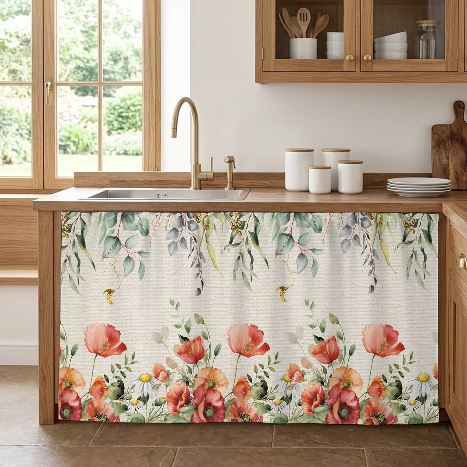 Cabinet Curtain 28''W x 51''L, Red Poppy Under Sink Curtain Drapes ...
