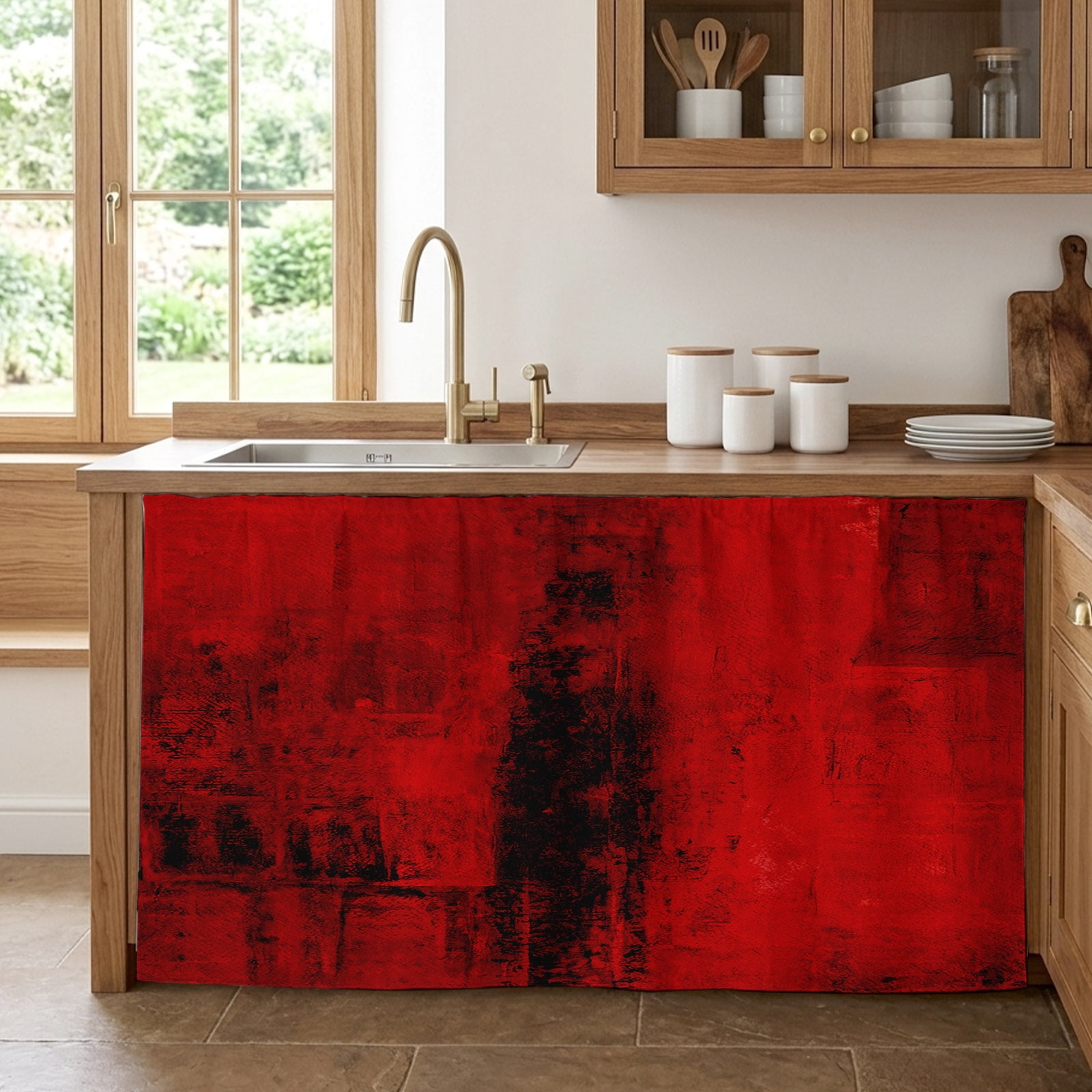 Cabinet Curtain 28''W x 51''L, Red Under Sink Curtain Drapes, Retro Oil ...