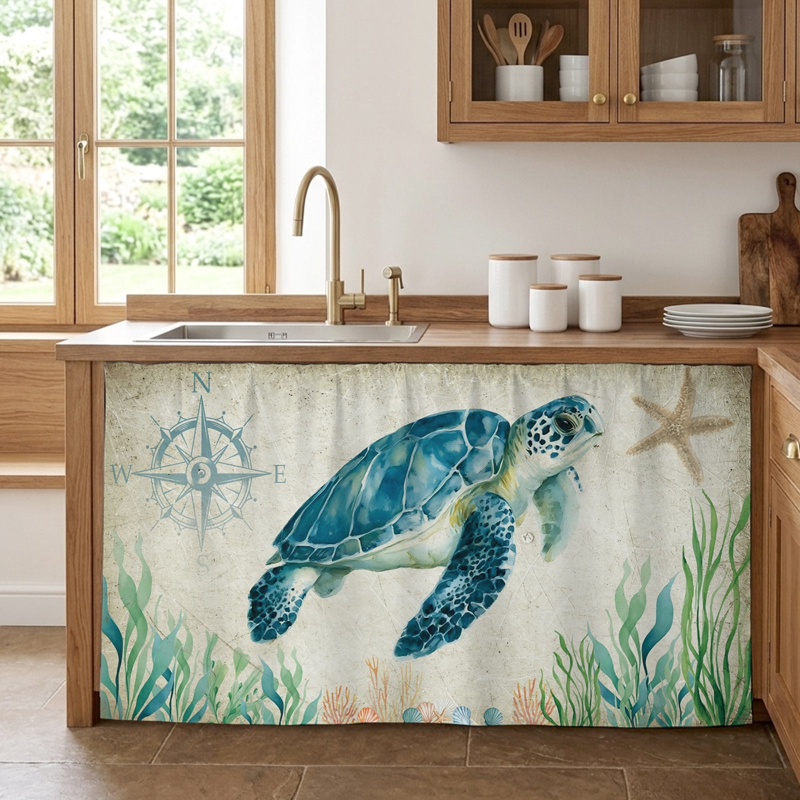 Cabinet Curtain 28''W x 51''L,Sea Turtle Coastal Under Sink Curtain ...