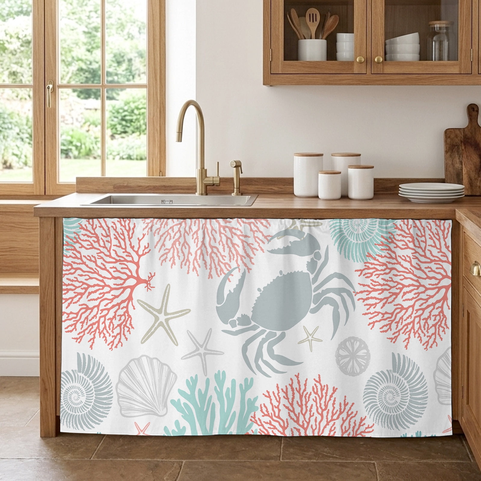 Cabinet Curtain 28''W x 51''L, Teal Red Crab Coastal Under Sink Curtain ...