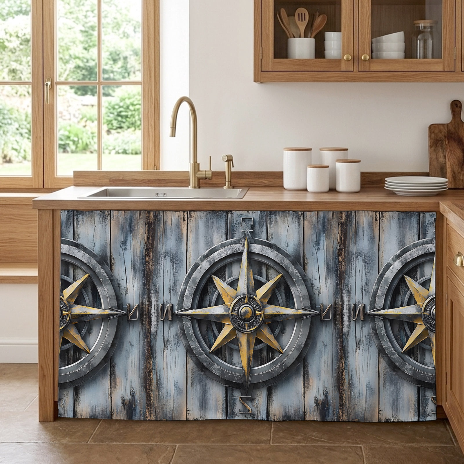 Cabinet Curtain 28''W x 51''L, Vintage Compass Coastal Under Sink ...