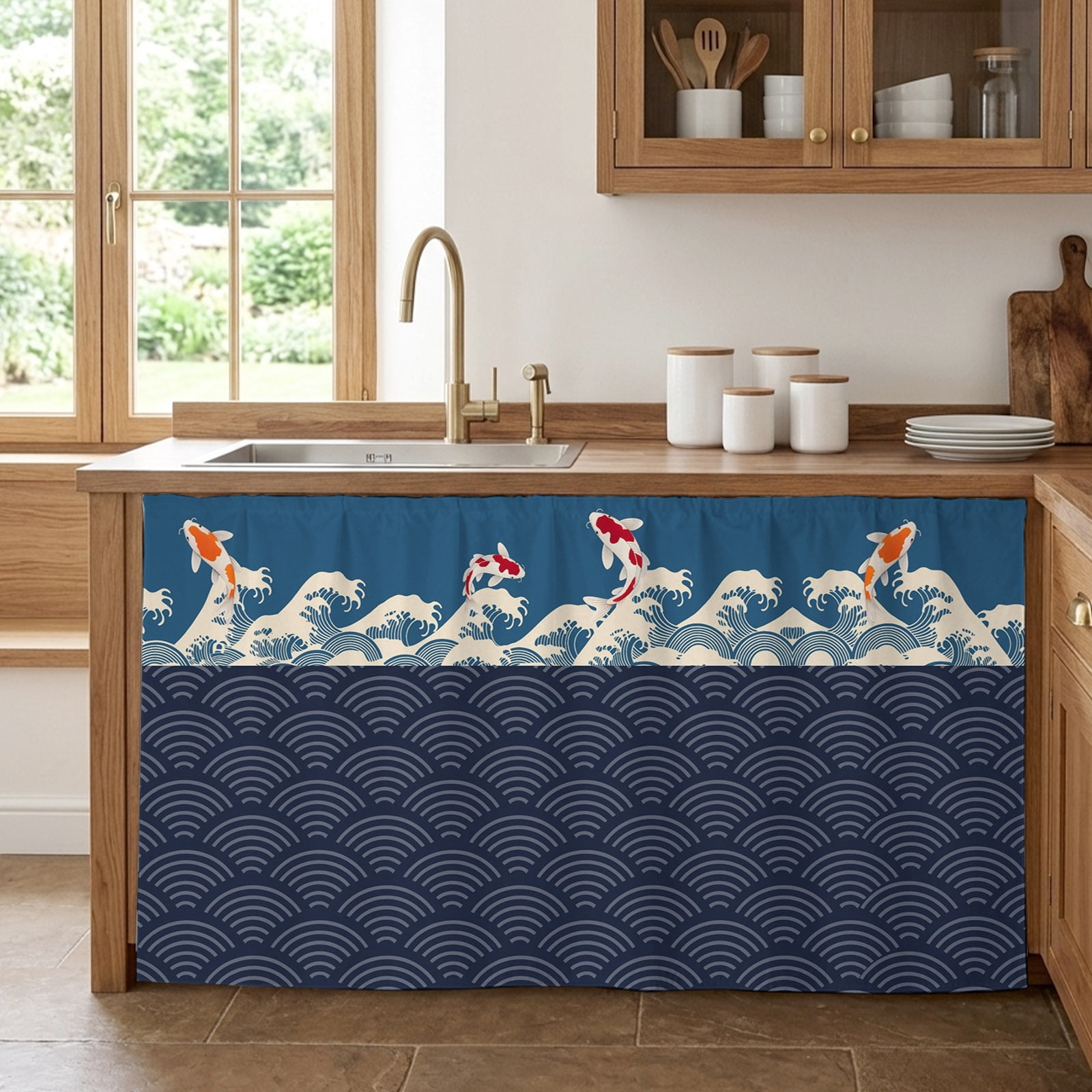 Cabinet Curtain 32''W x 55''L, Blue Coastal Under Sink Curtain Drapes ...