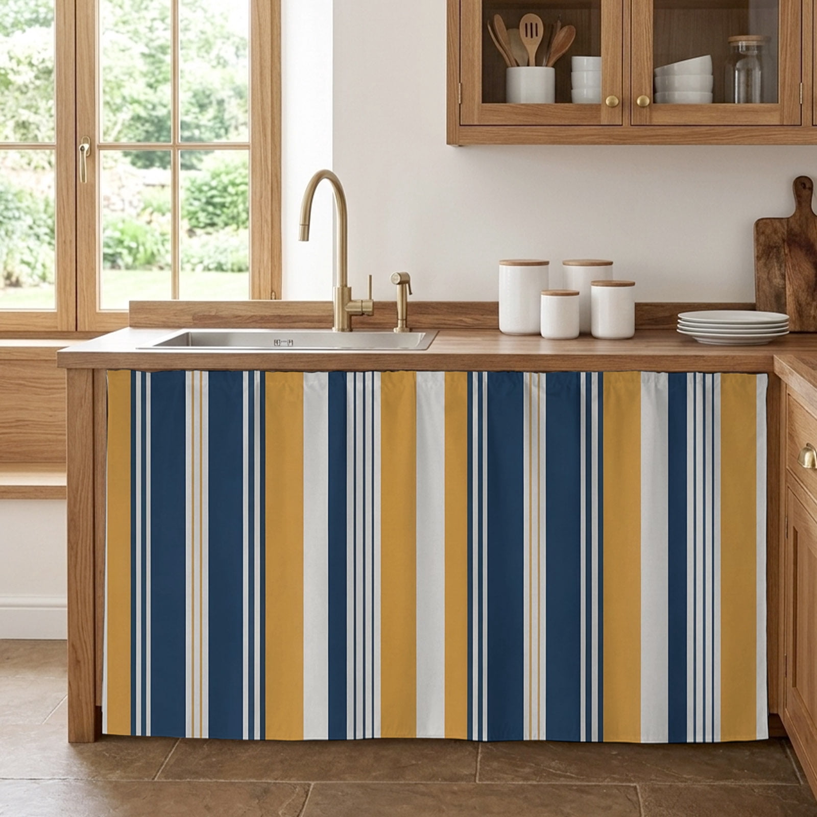 Cabinet Curtain 32''W x 55''L, Blue Yellow Striped Under Sink Curtain ...
