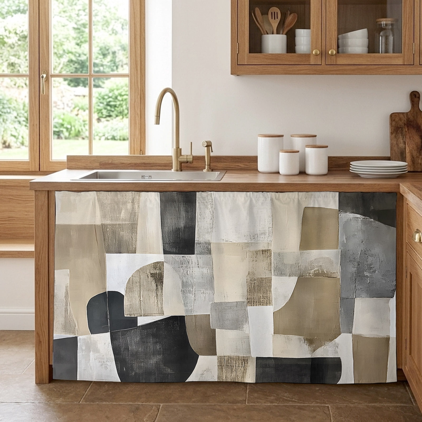 Cabinet Curtain 32''W x 55''L,Brown Black Geometric Under Sink Curtain ...