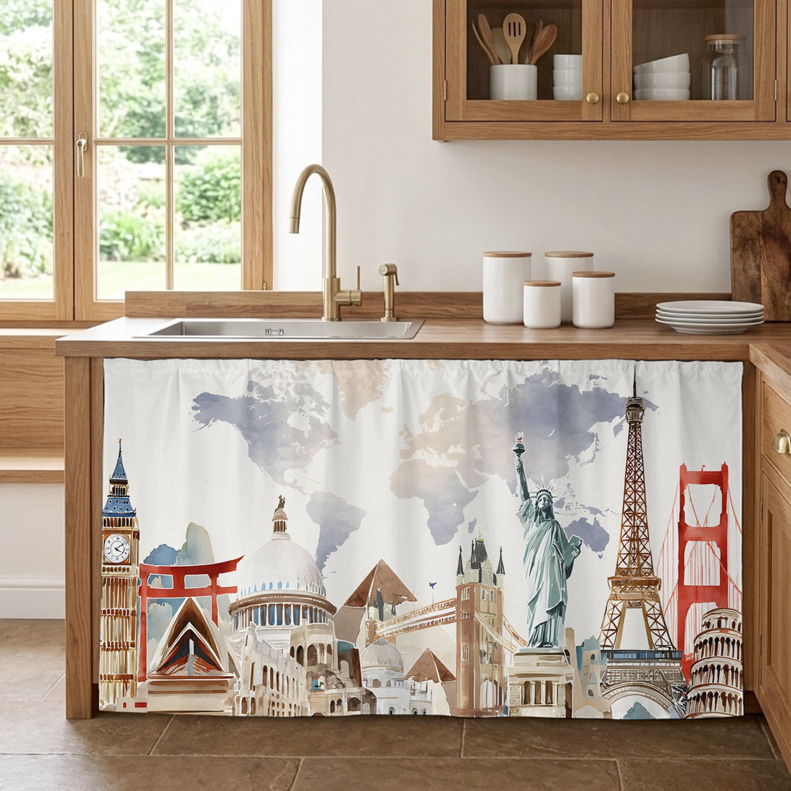 Cabinet Curtain 32''W x 55''L, Gray Beige Map Under Sink Curtain Drapes ...
