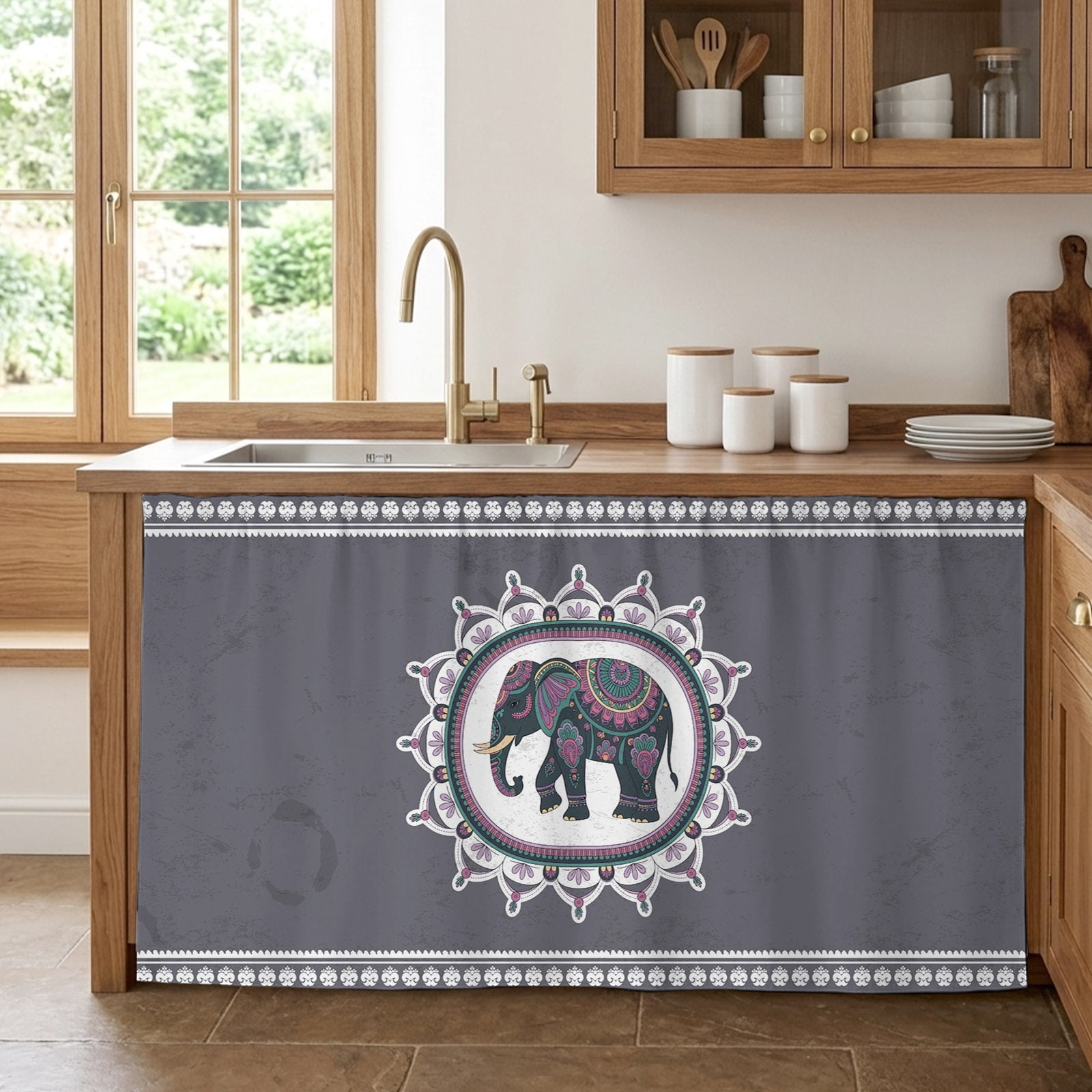 Cabinet Curtain 32''W x 55''L,Grey Elephants Under Sink Curtain Drapes ...