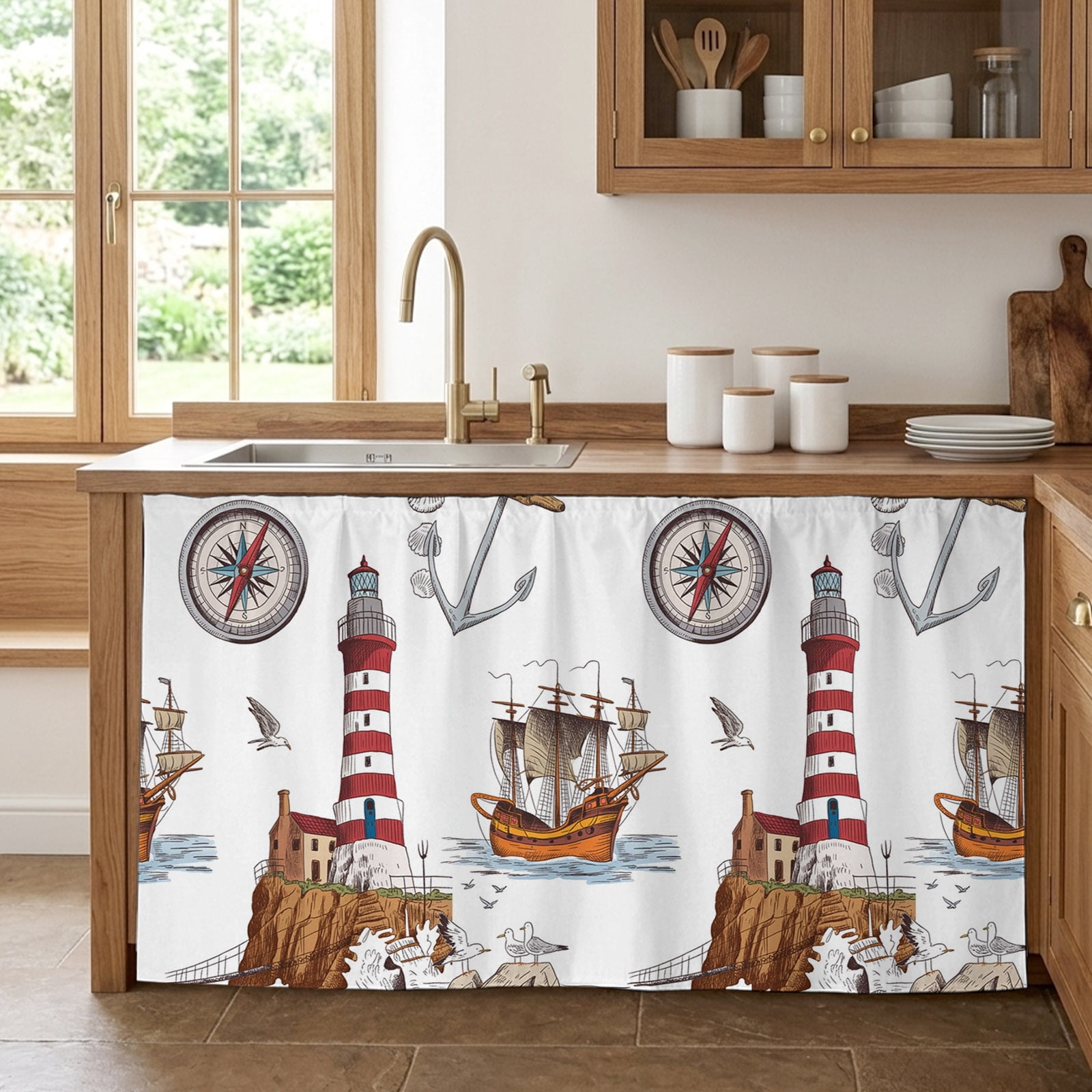 Cabinet Curtain 32''W x 55''L,Nautical Lighthouses Under Sink Curtain ...