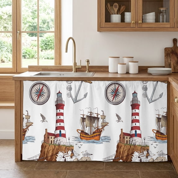 Cabinet Curtain 32''W x 55''L,Nautical Lighthouses Under Sink Curtain ...