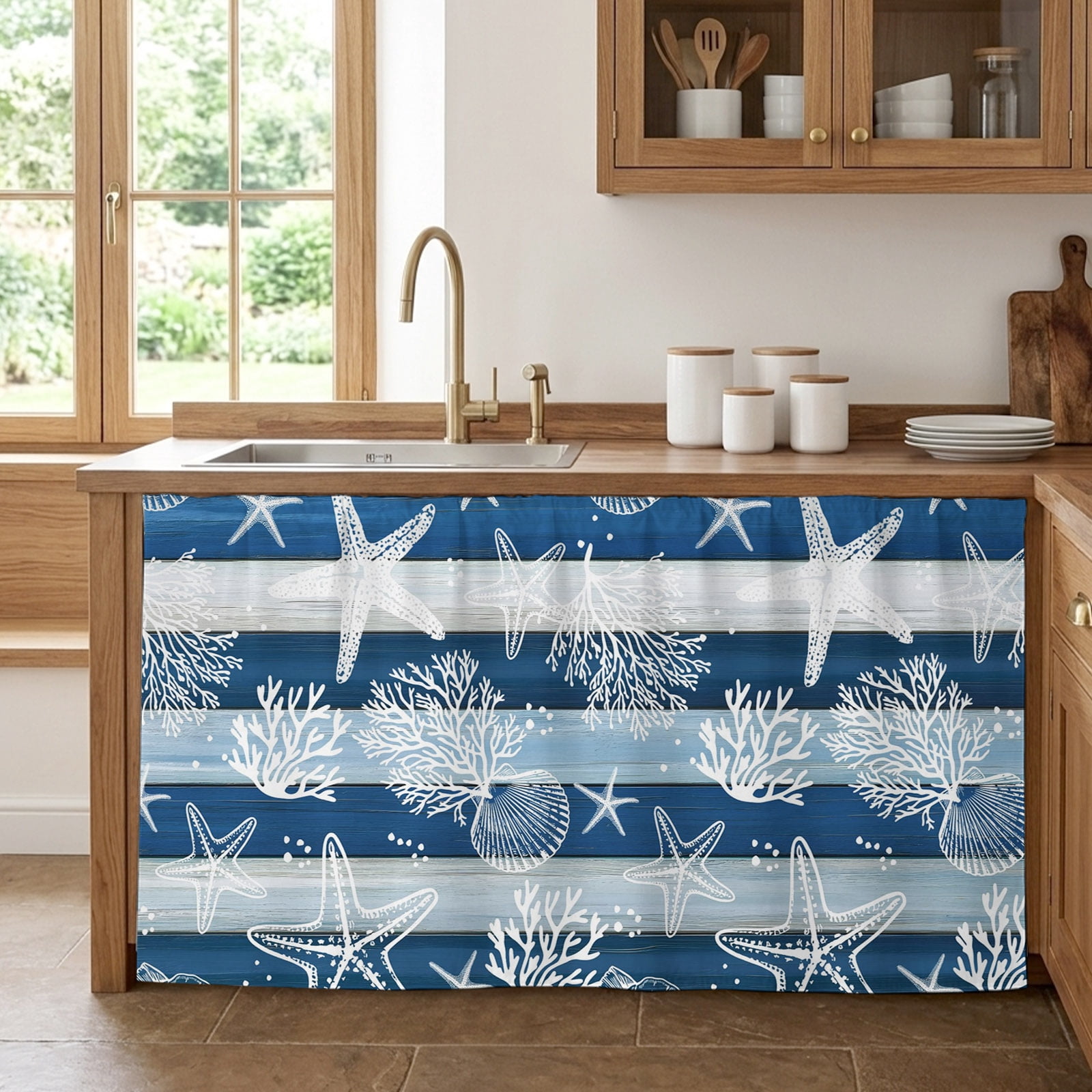 Cabinet Curtain 32''W x 55''L,Navy Blue Coastal Beach Under Sink ...