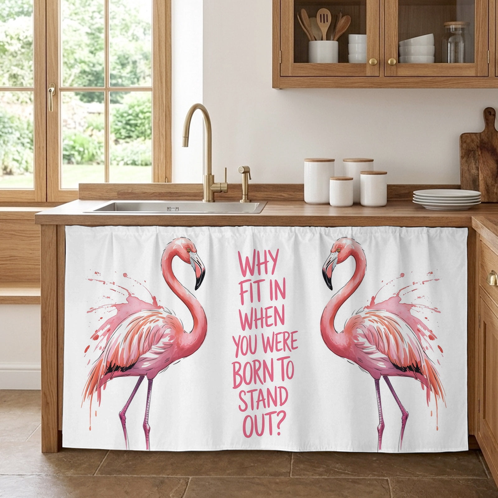 Cabinet Curtain 32''W x 55''L, Pink Flamingo Under Sink Curtain Drapes ...