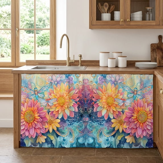 Cabinet Curtain 32''W x 55''L,Pink Yellow Spring Floral Under Sink ...