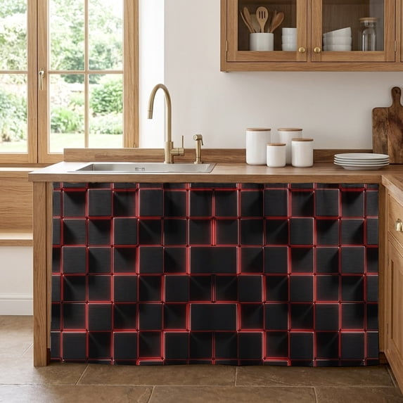 Cabinet Curtain 32''W x 55''L, Red Black Cubes Under Sink Curtain ...