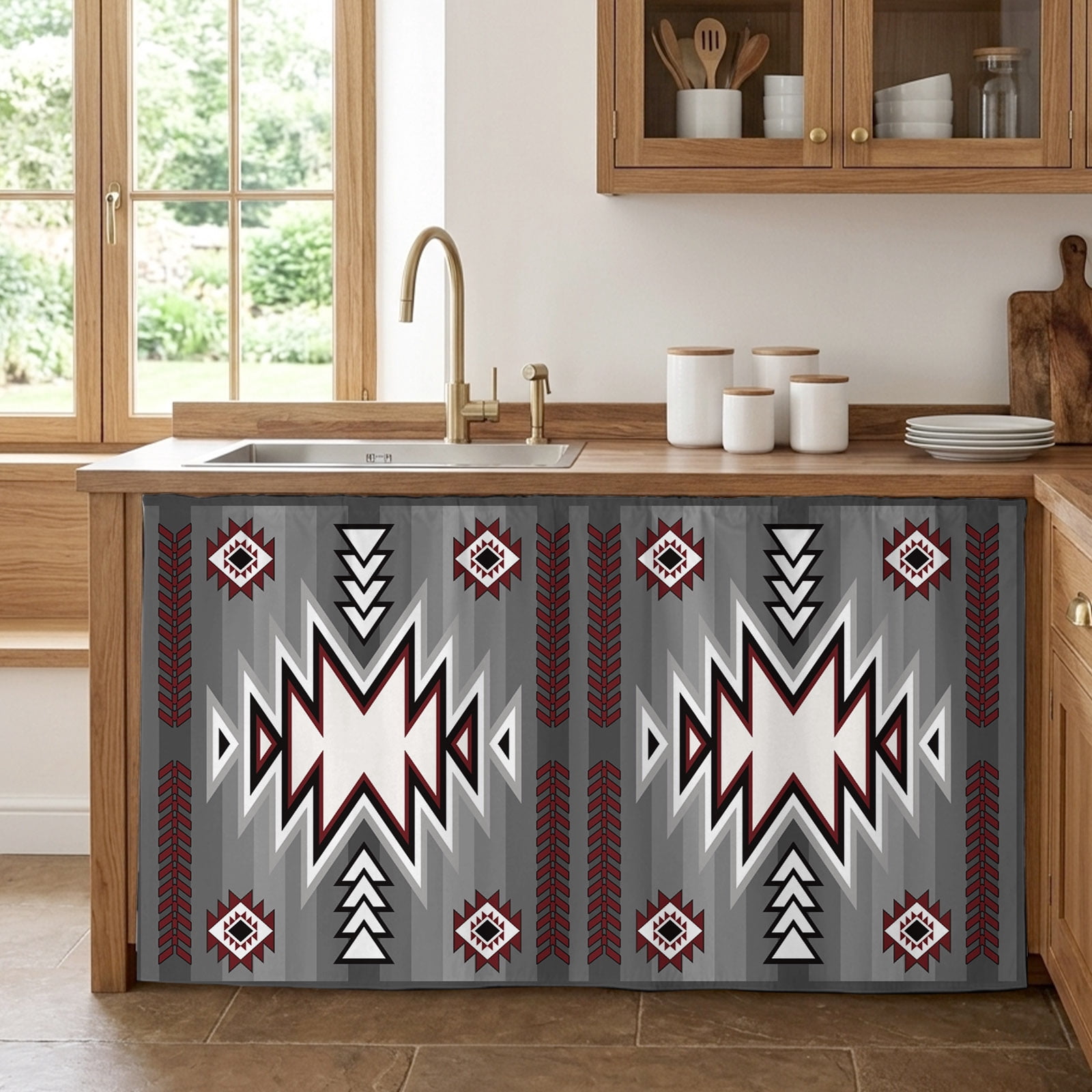 Cabinet Curtain 32''W x 55''L, Red Gray Under Sink Curtain Drapes ...