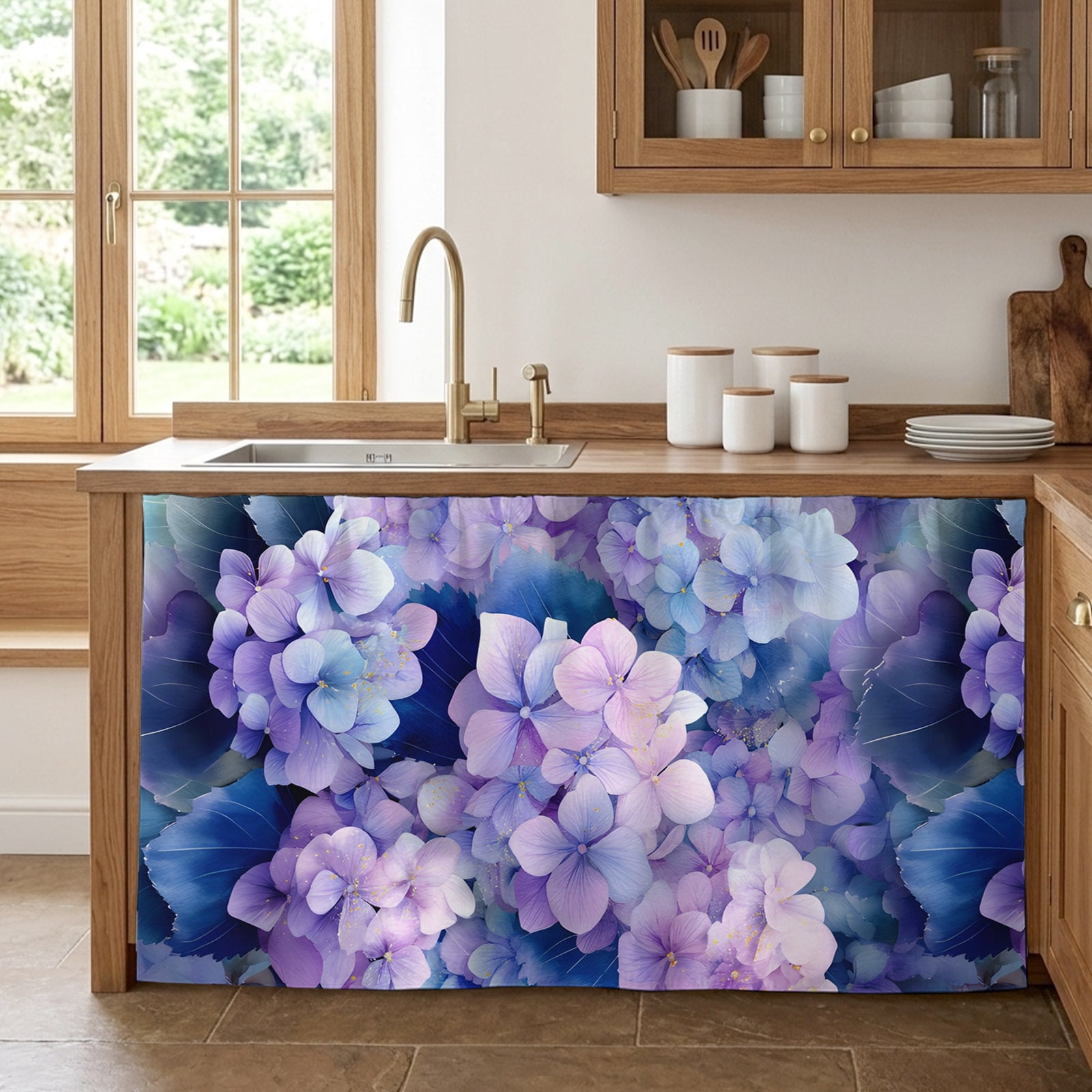 Cabinet Curtain 32''W x 55''L, Spring Purple Hydrangea Under Sink ...