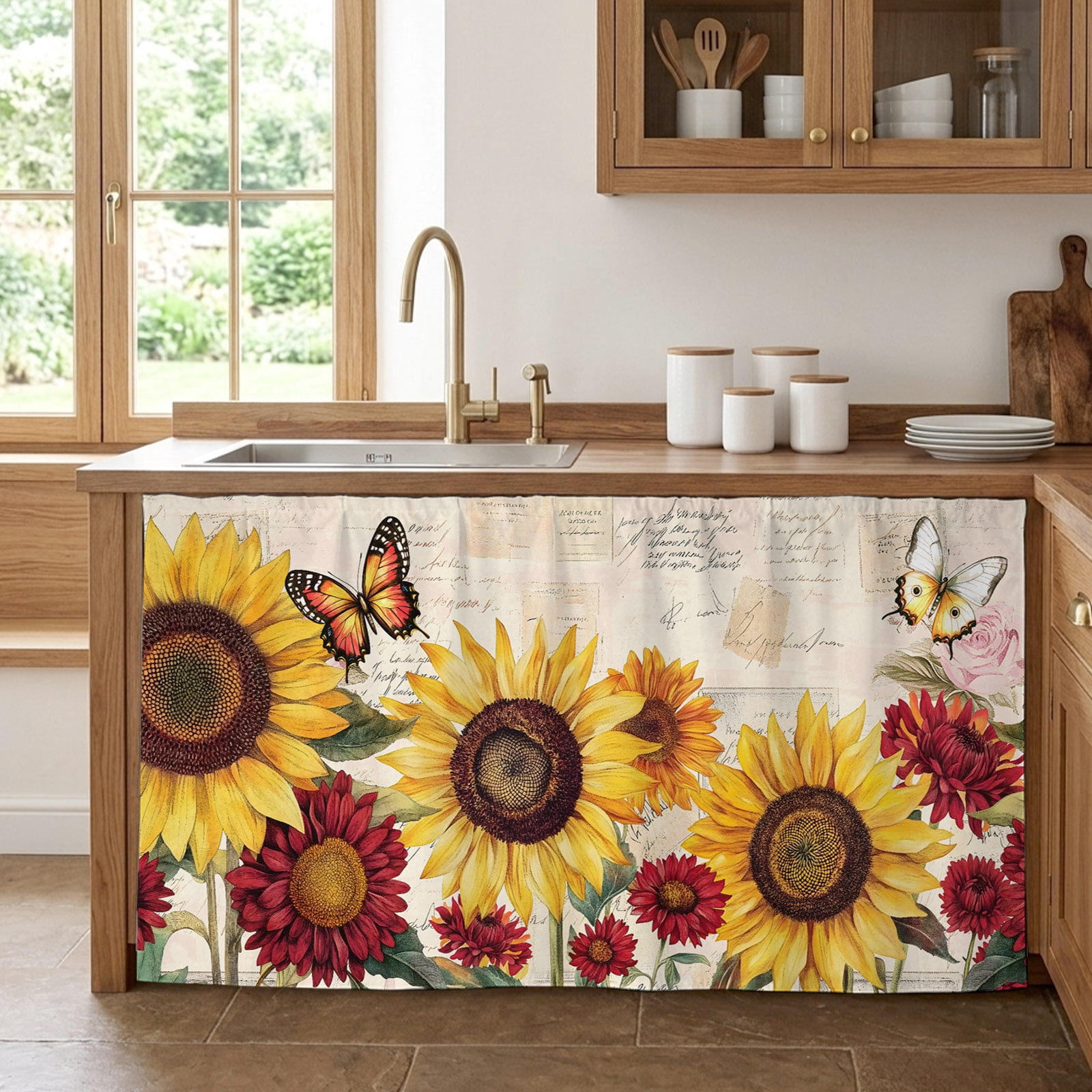 Cabinet Curtain 32''W x 55''L, Sunflower Under Sink Curtain Drapes ...