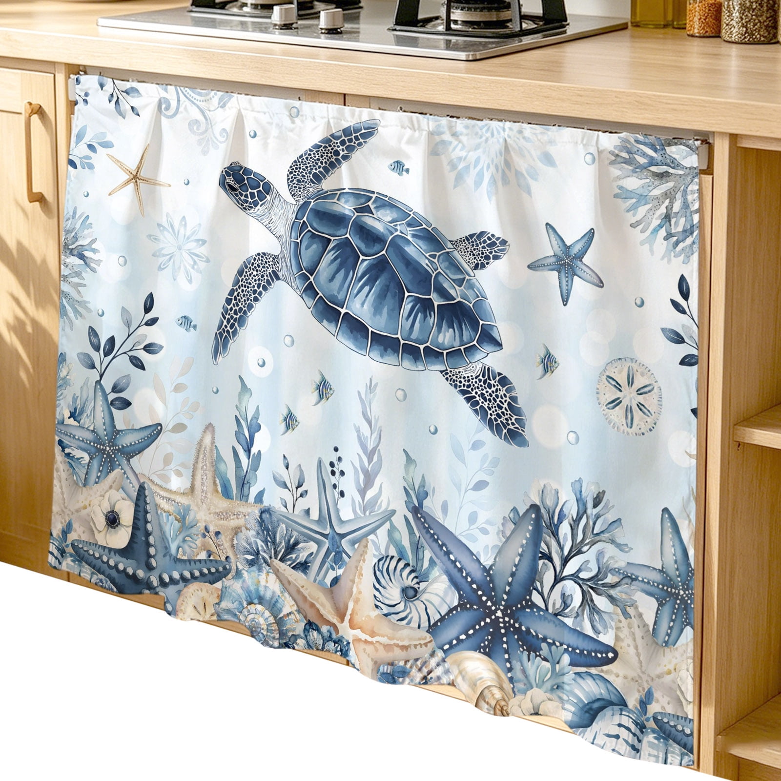 Cabinet Curtain 35''W x 35''L,Blue Turtle Coastal Under Sink Curtain ...
