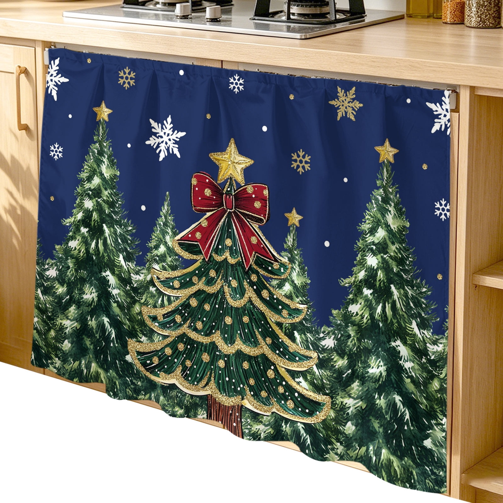 Cabinet Curtain 35''W x 35''L, Navy Blue Christmas Under Sink Curtain ...