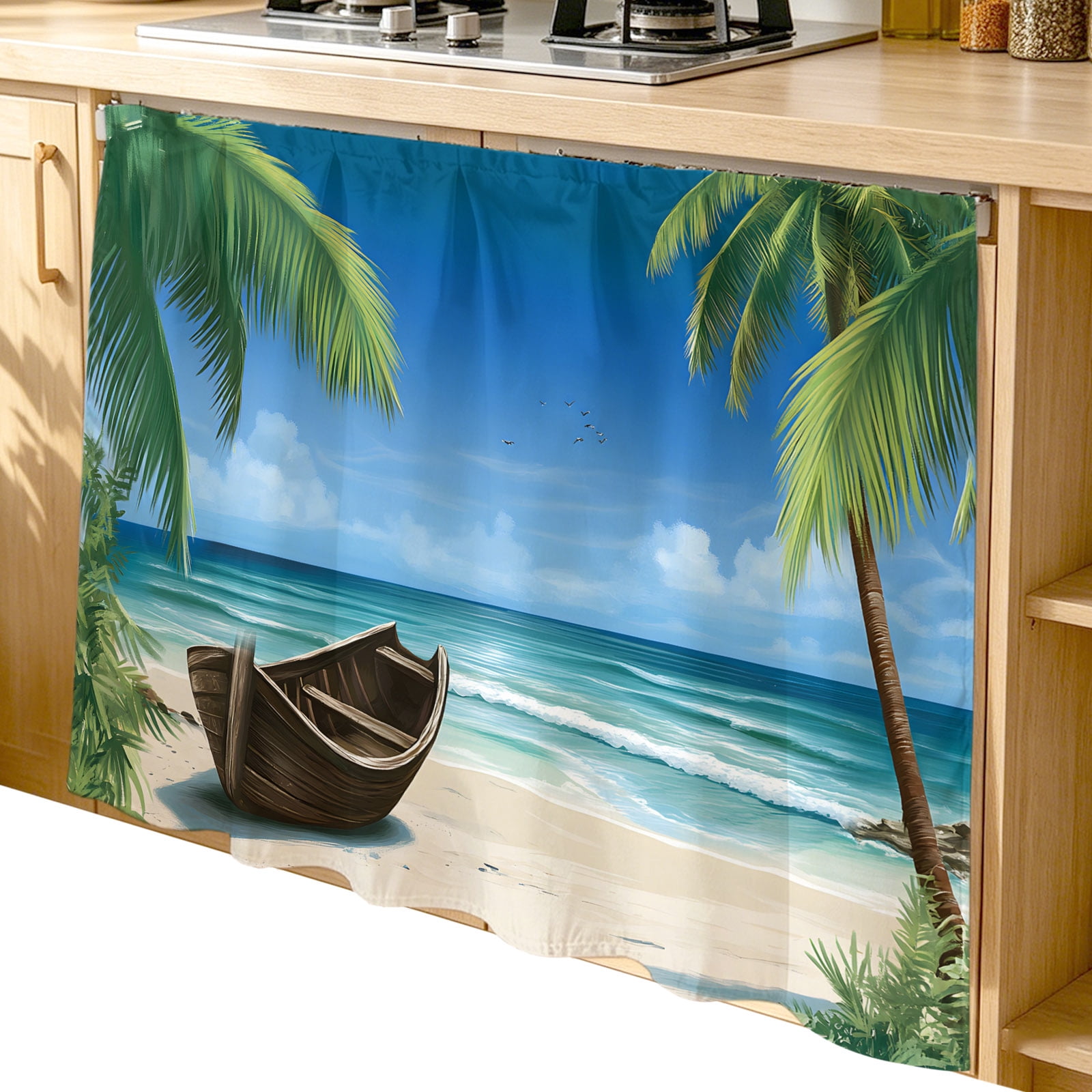 Cabinet Curtain 35''W x 35''L, Ocean Beach Under Sink Curtain Drapes ...