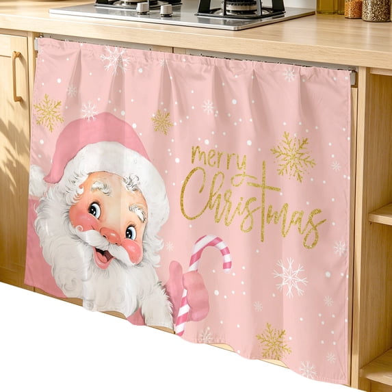 Cabinet Curtain 35''W x 35''L, Pink Santa Christmas Under Sink Curtain ...
