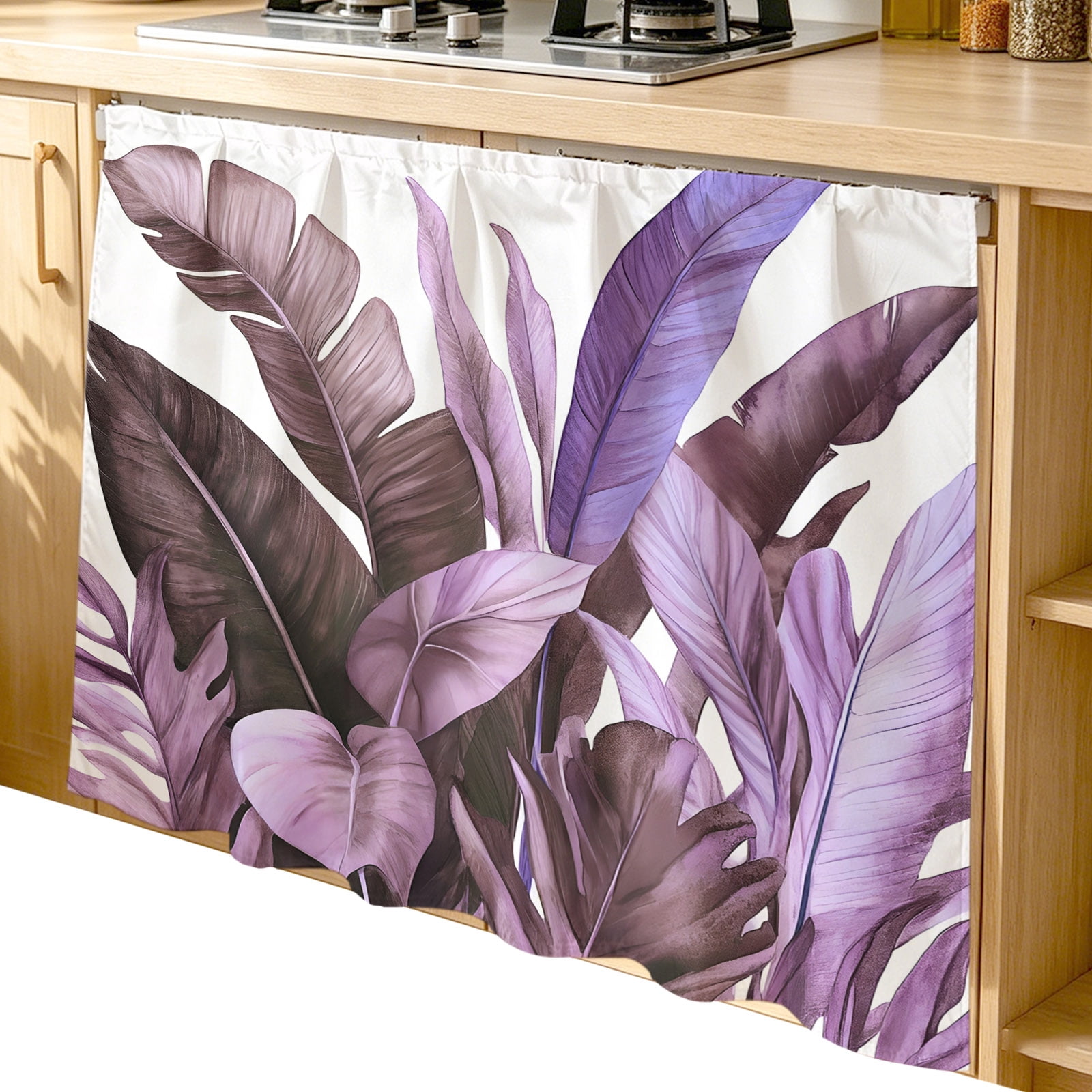 Cabinet Curtain 35''W x 35''L, Purple Tropical Leaves Under Sink ...