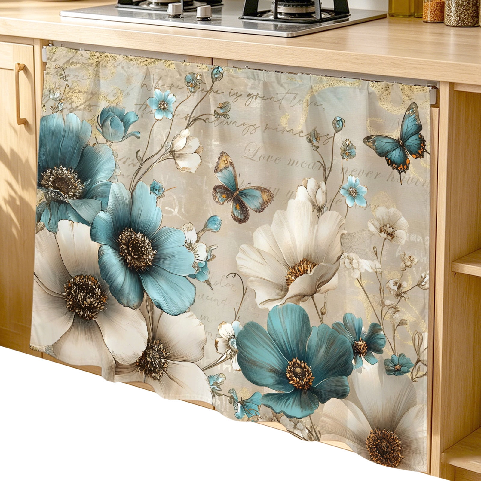 Cabinet Curtain 35''W x 35''L,Teal Tulip Butterfly Under Sink Curtain ...