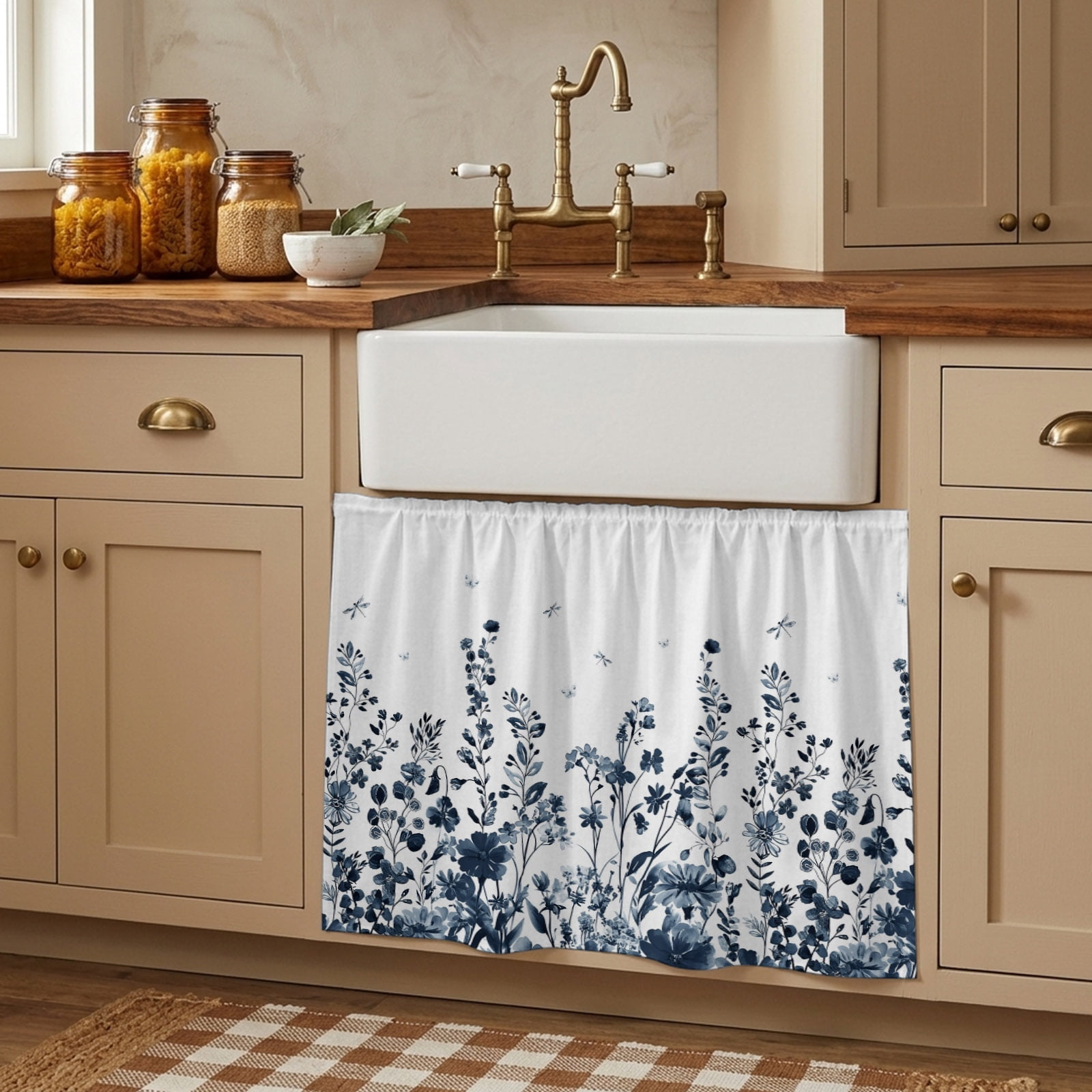 Cabinet Curtains 10"W x 11"L, Blue Botanical Sink Skirt for Bathroom ...