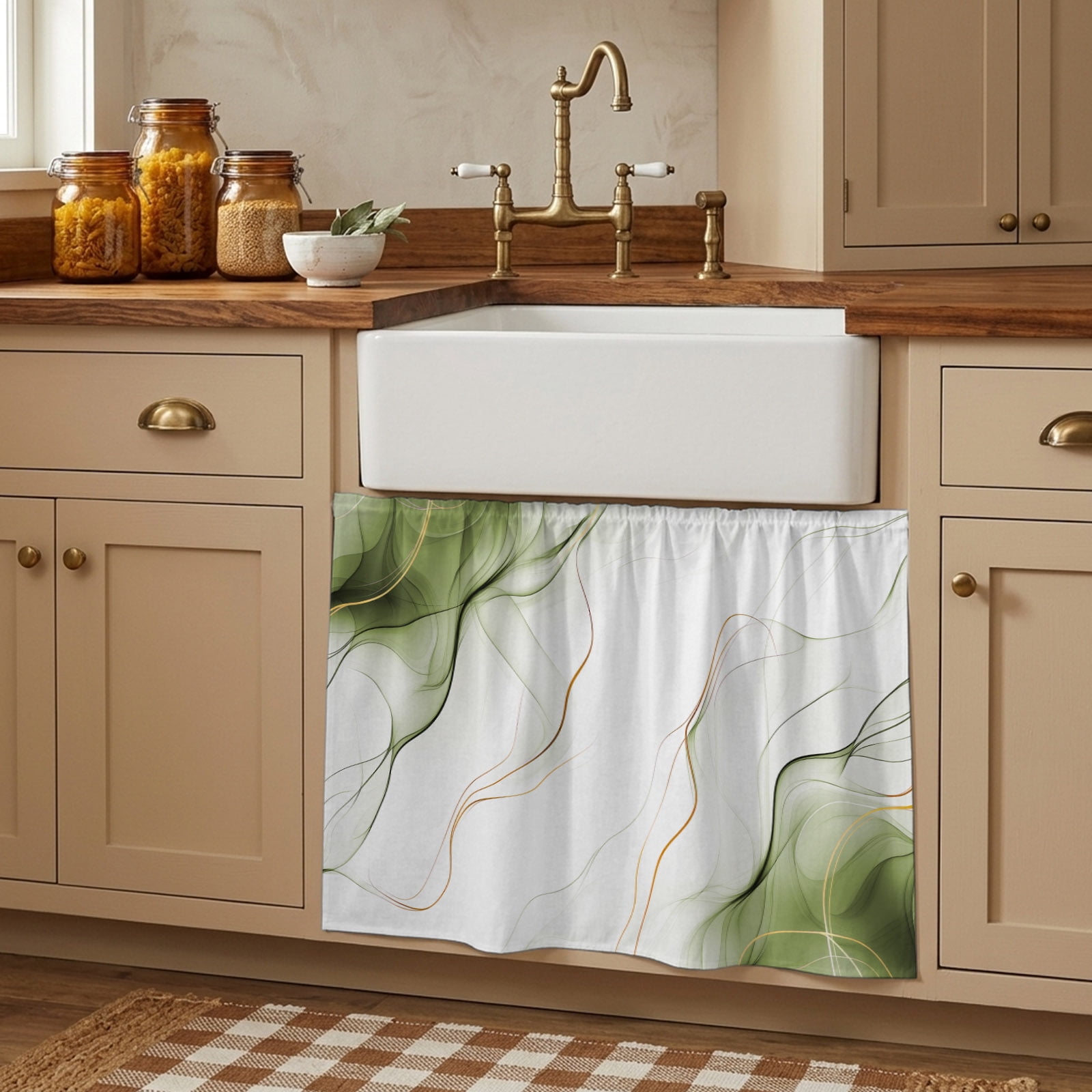 Cabinet Curtains 10"W x 11"L, Marble Sage Green Sink Skirt for Bathroom ...