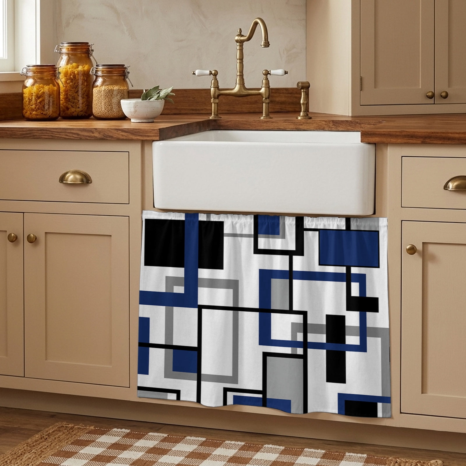 Cabinet Curtains 10"W x 11"L, Navy Blue Black Grey Geometric Sink Skirt ...