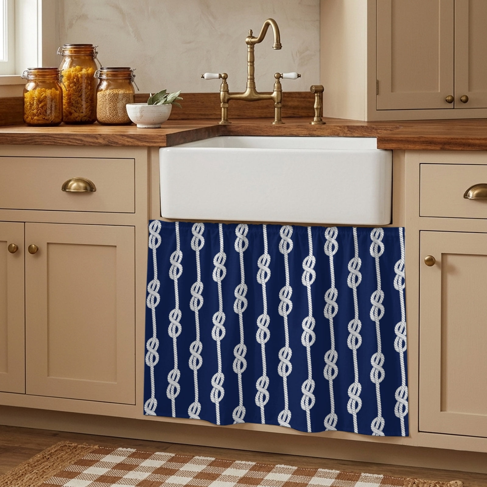 Cabinet Curtains 10"W x 11"L, Navy Blue Knot Sink Skirt for Bathroom ...