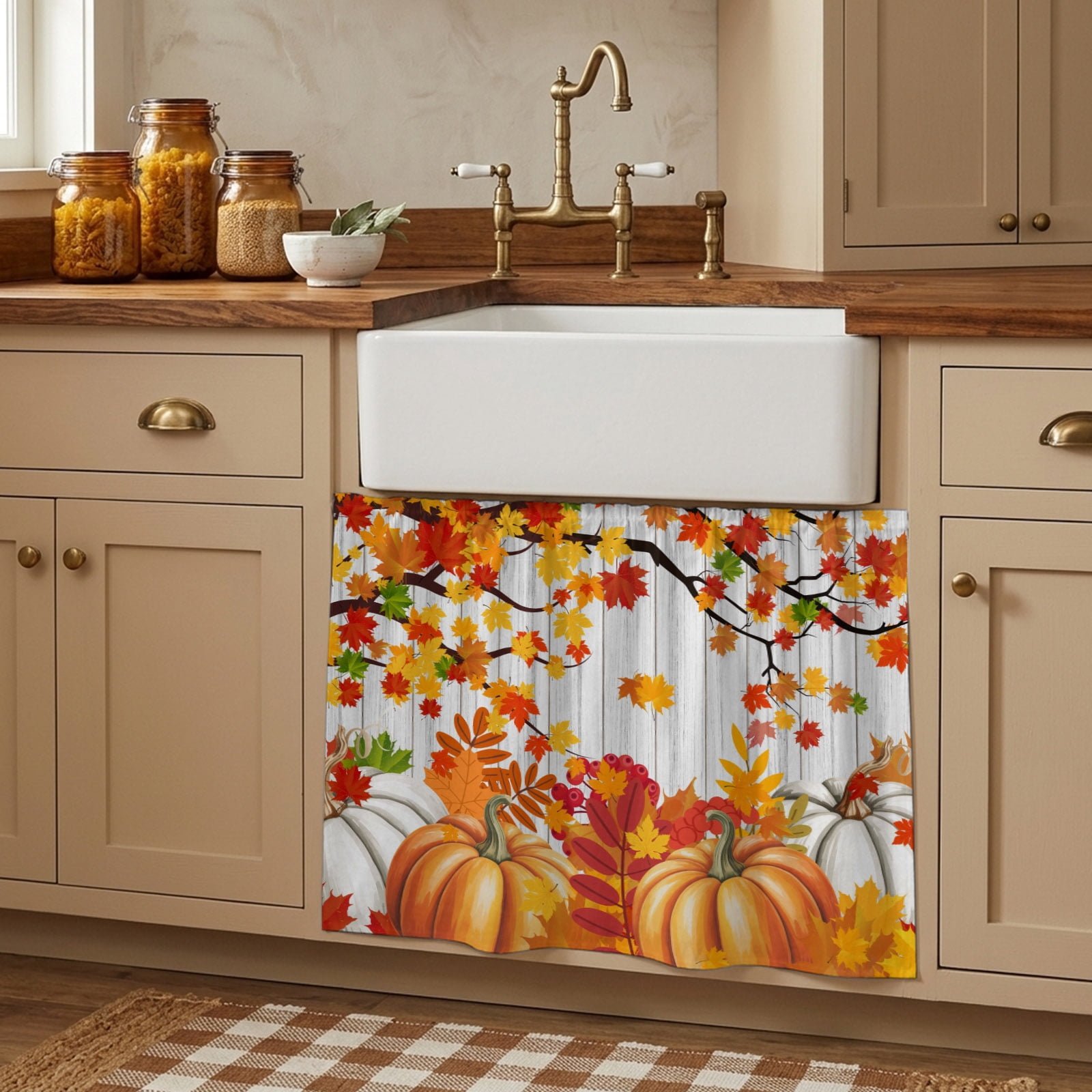 Cabinet Curtains 10"W x 11"L, Orange Pumpkins Fall Sink Skirt for ...